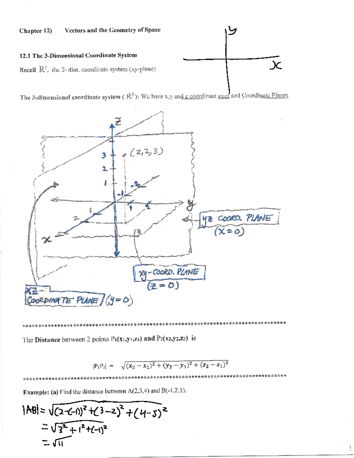 3 Dimensional Coordinate System - Chapter 12) Vectors and the Geometry of Space Lu 12 The ...
