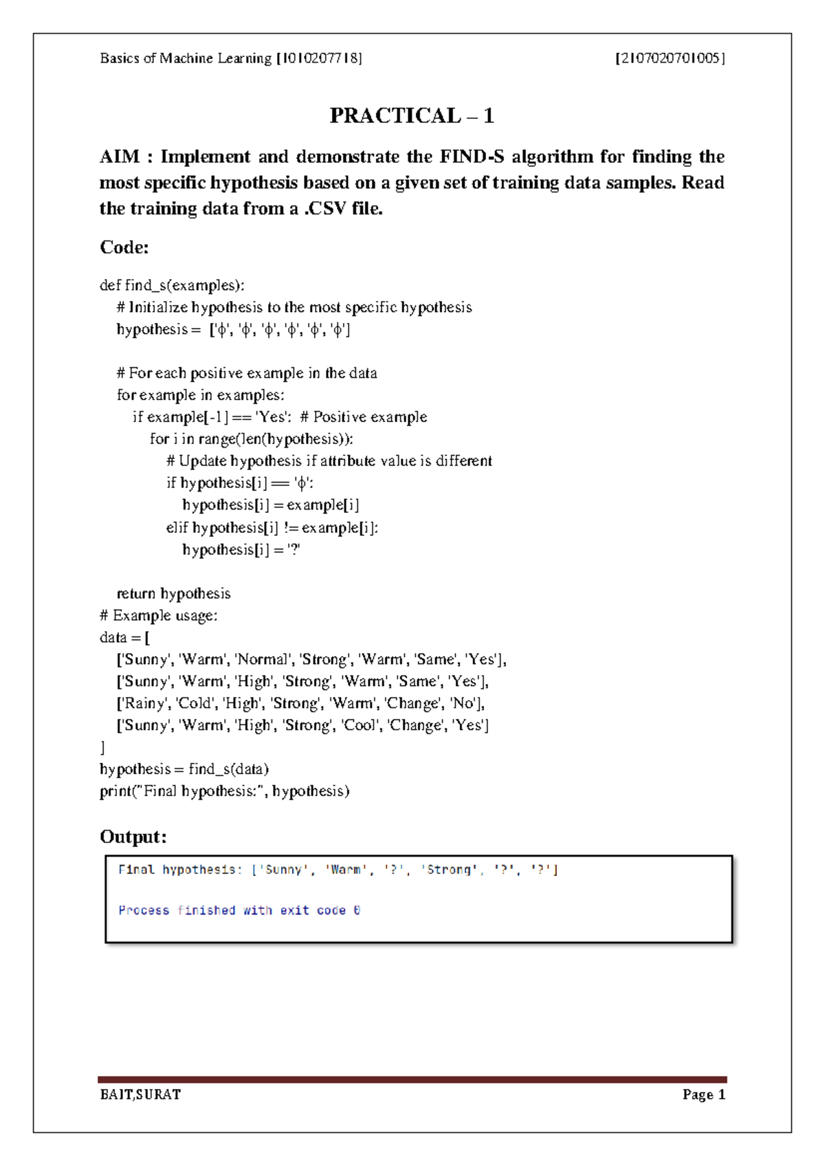 Ml Lab Manual For Basics Of Machine Learning Practical 1 Aim Implement And Demonstrate