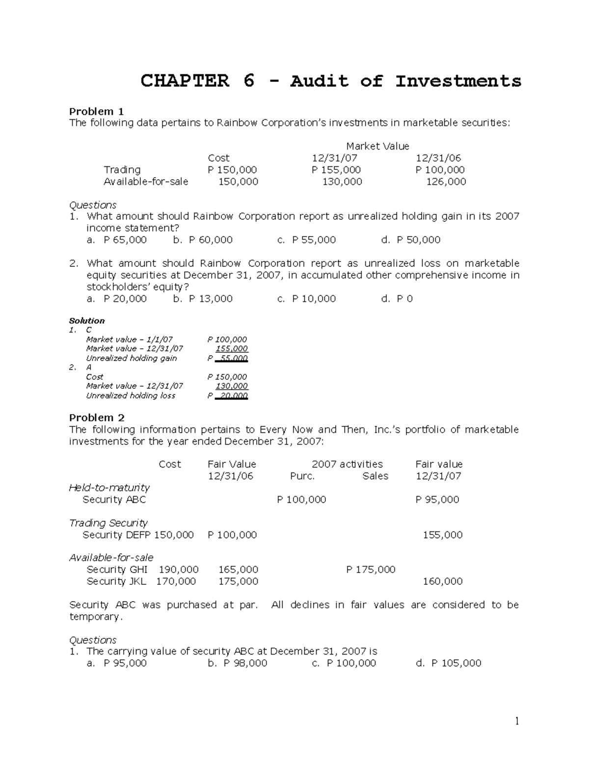 Audit of Investments - Audiring problem about investment practical application - CHAPTER 6 ...