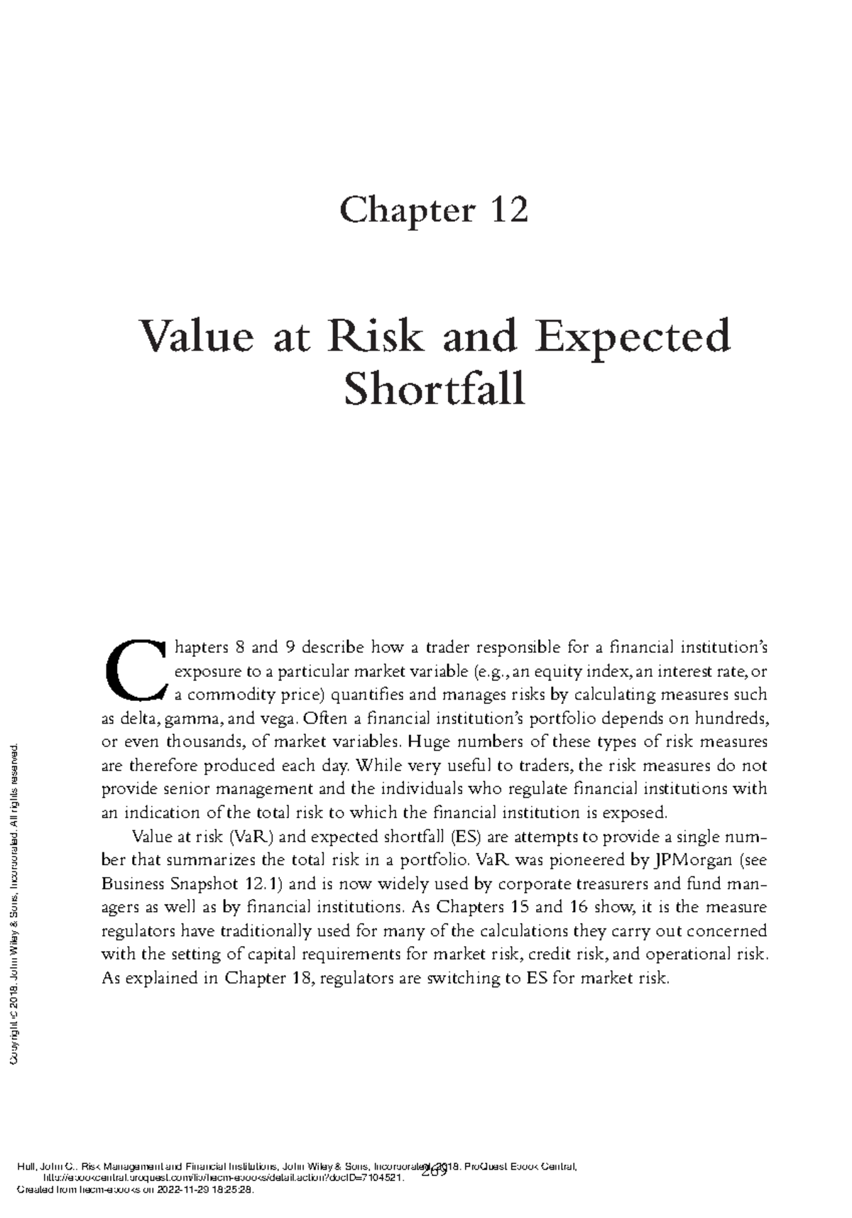 Chapter 12 Value at Risk and Expected Shortfall - Chapter 12 Value at ...