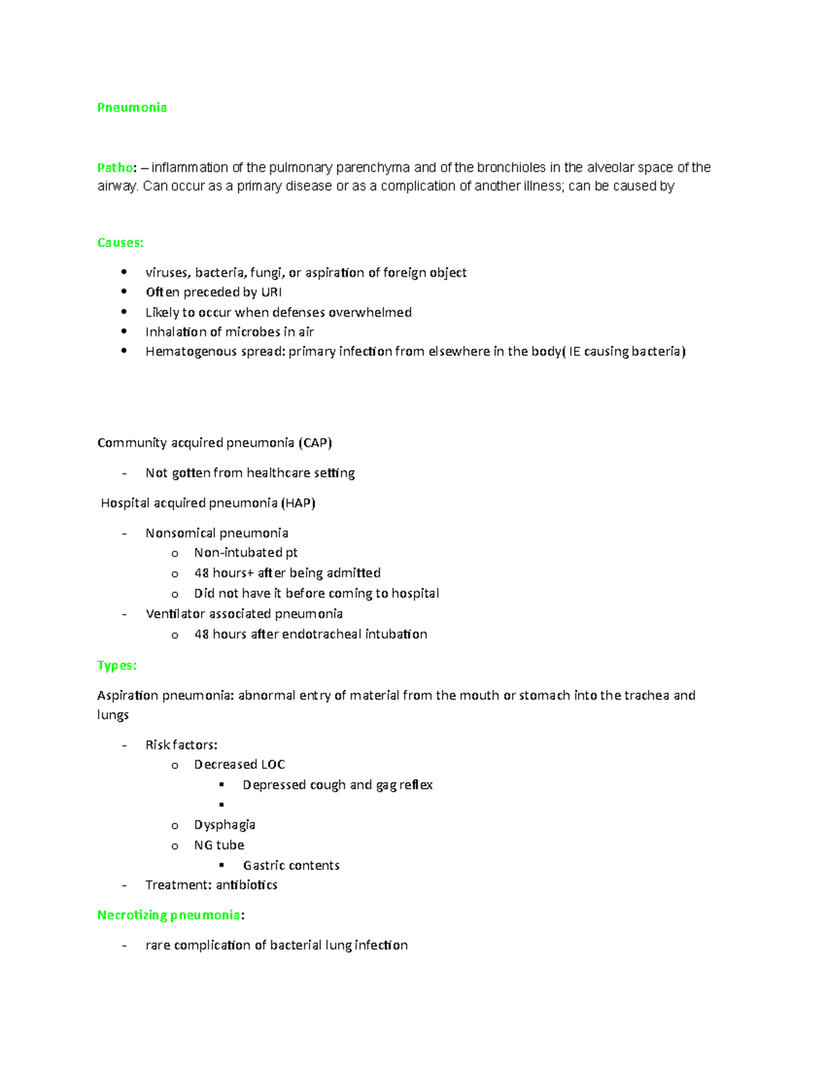 Pneumonia - notes - Pneumonia Patho: – inflammation of the pulmonary ...