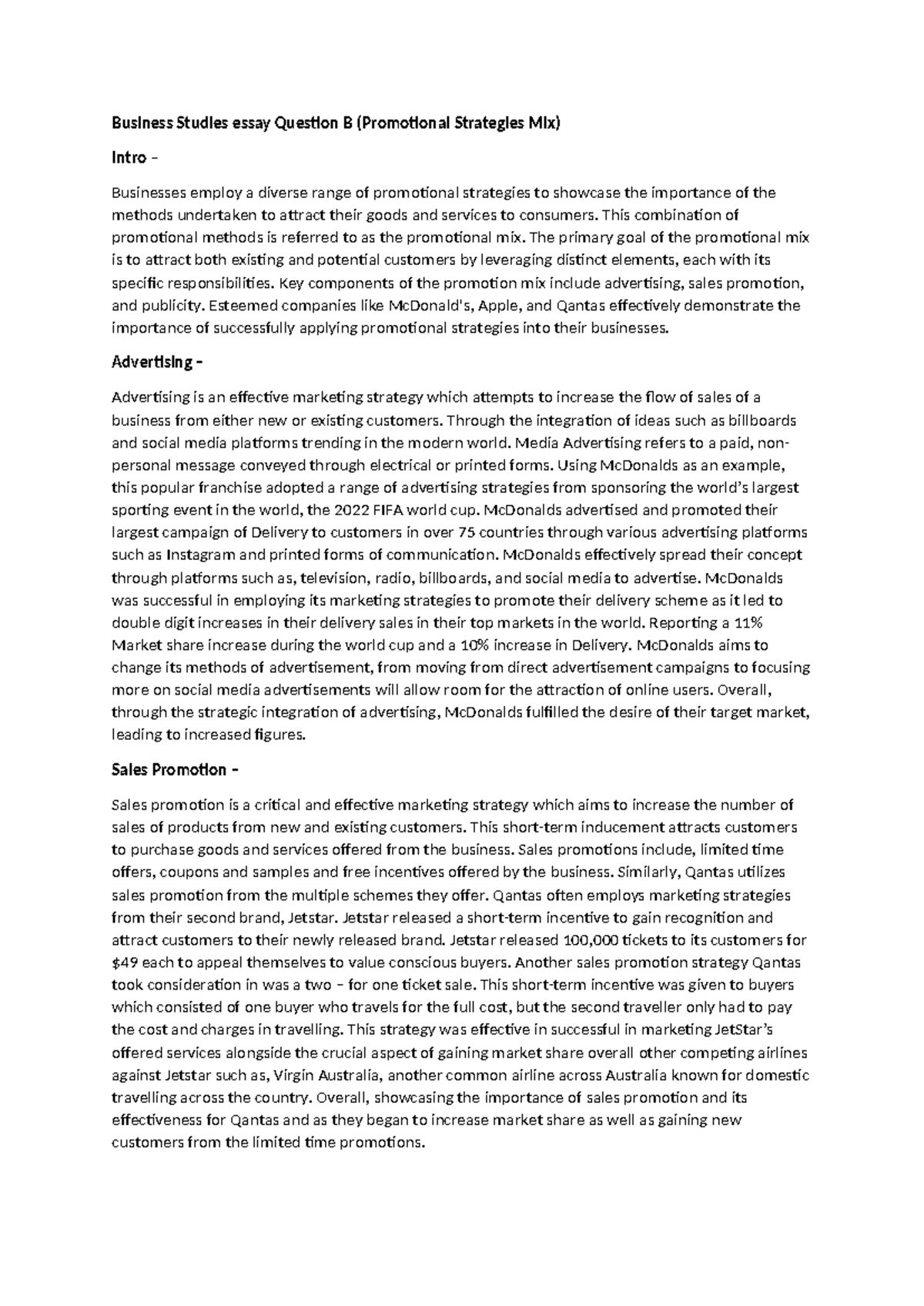 Business Studies essays Question A and Question B - Business Studies ...