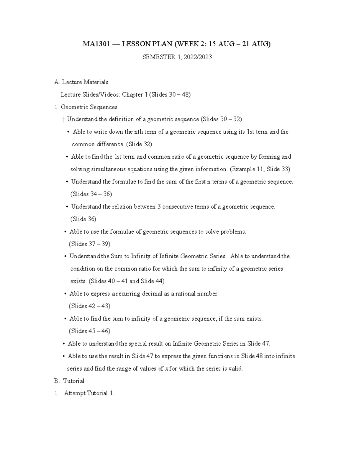 MA1301 Lesson Plan Week 2 - MA1301 ó LESSON PLAN (WEEK 2: 15 AUG ñ 21 ...