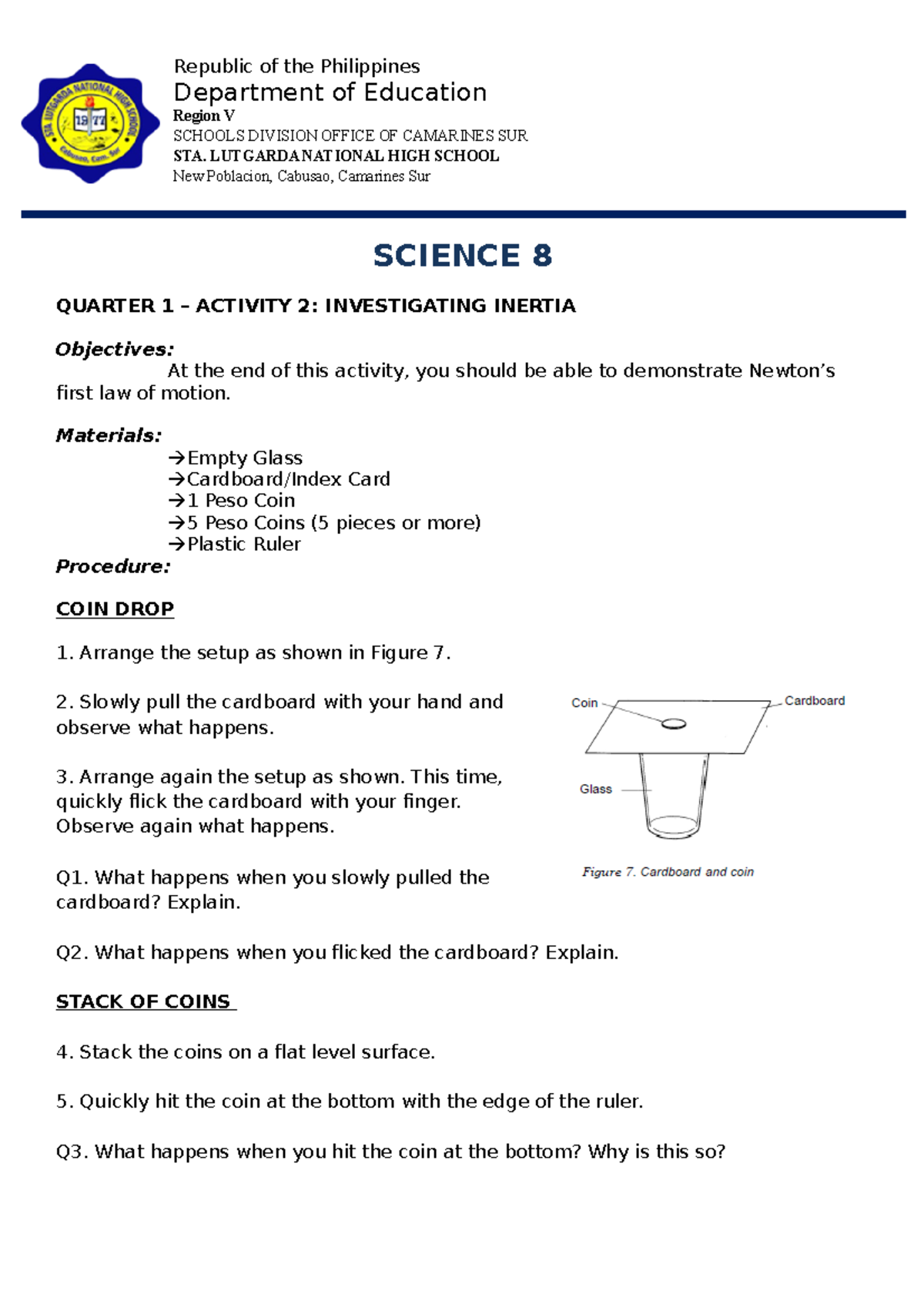 SCI8 Q1 ACT1 SY22-23 - Investigating Inertia - Republic of the Philippines Department of ...