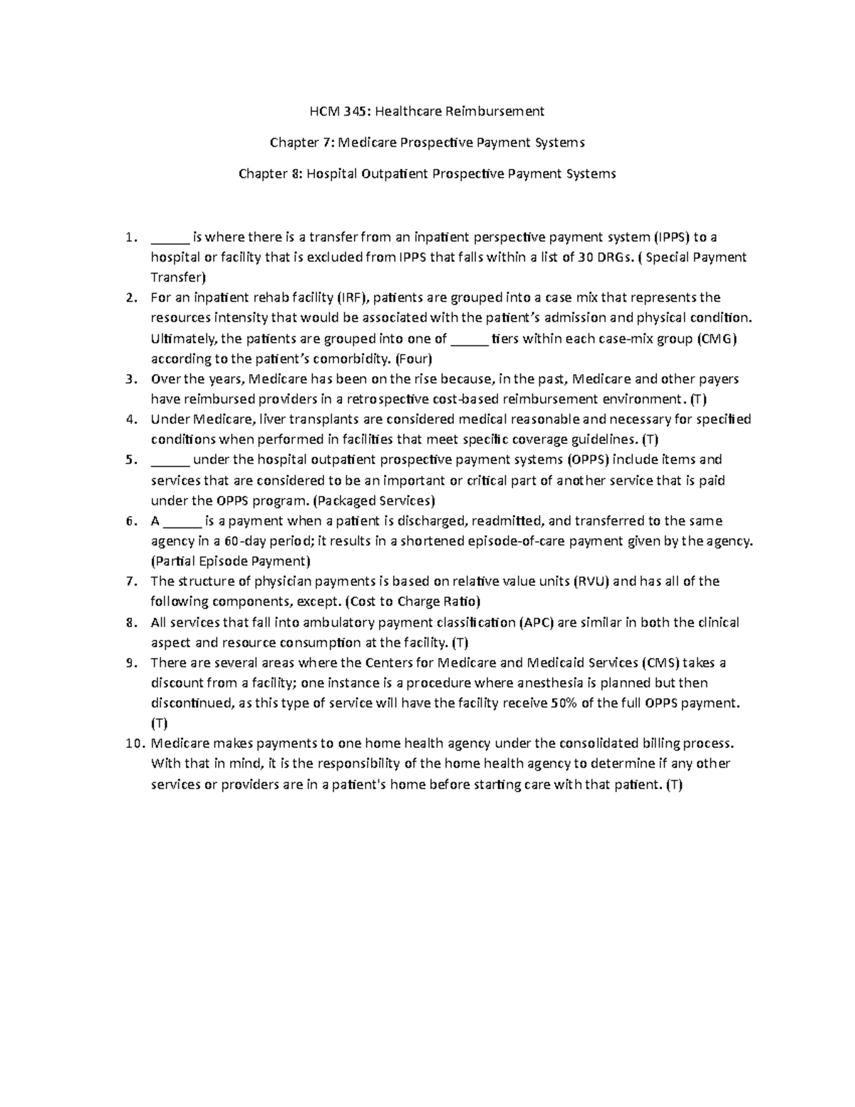 4.2 Quiz - Answer Key - HCM 345: Healthcare Reimbursement Chapter 7 ...