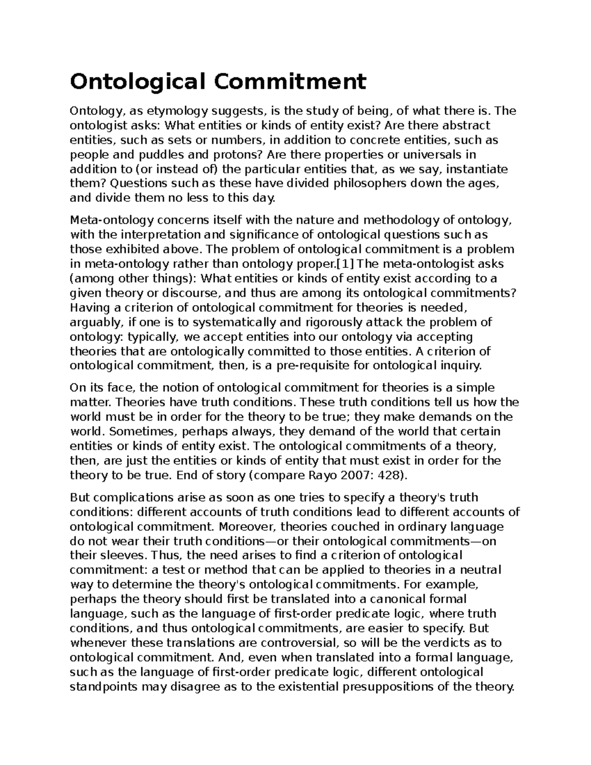 Ontological Commitment - Ontological Commitment Ontology, as etymology suggests, is the study of ...