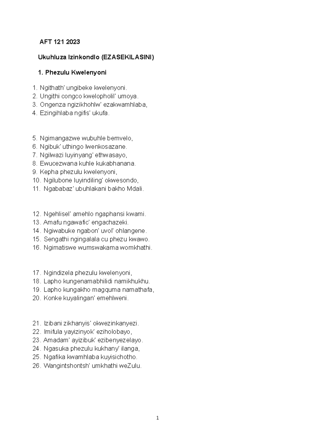 Phezulu Kwelenyoni - poem - AFT 121 2023 Ukuhluza Izinkondlo ...