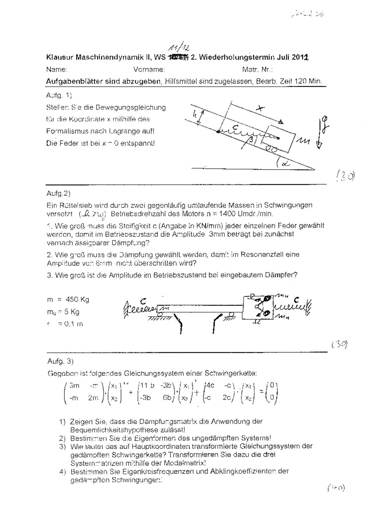 Maschinendynamik Übungsklausur - Studocu