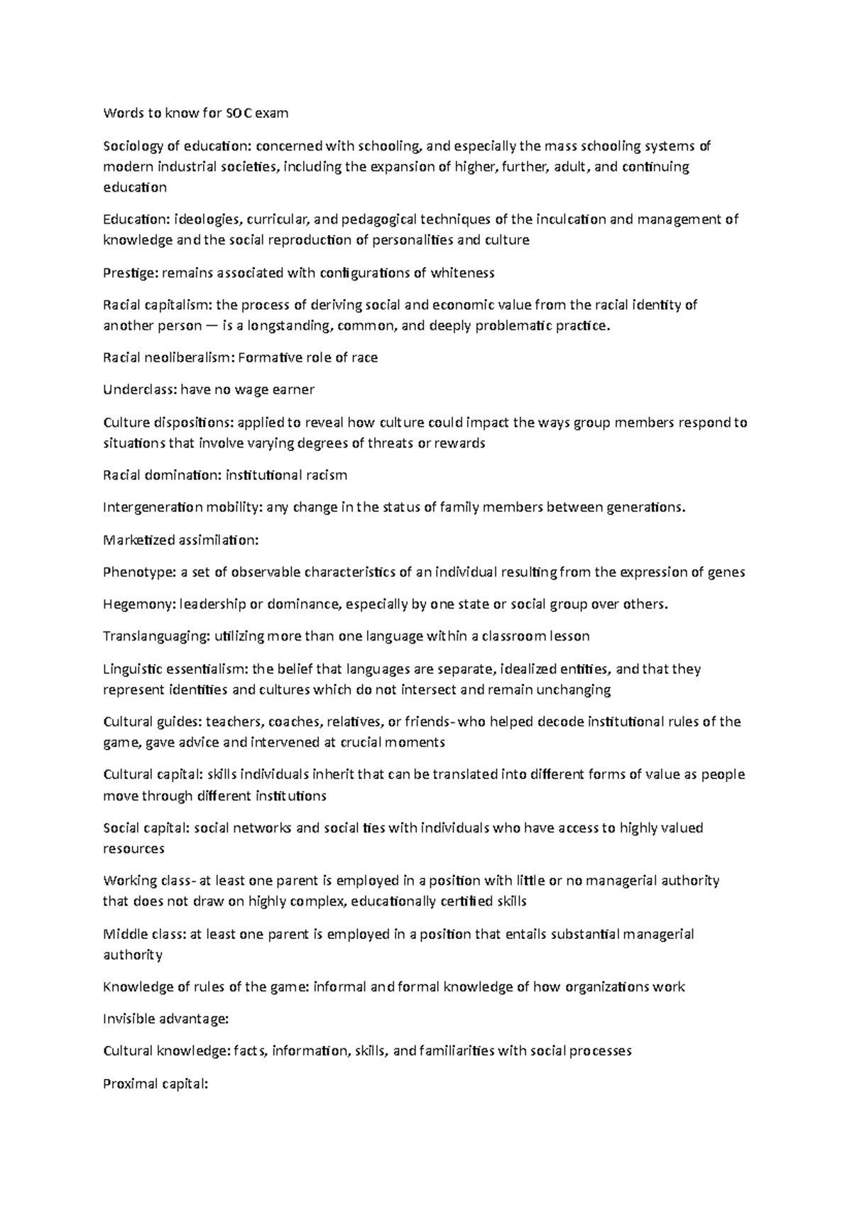Words to know for SOC exam - Words to know for SOC exam Sociology of ...