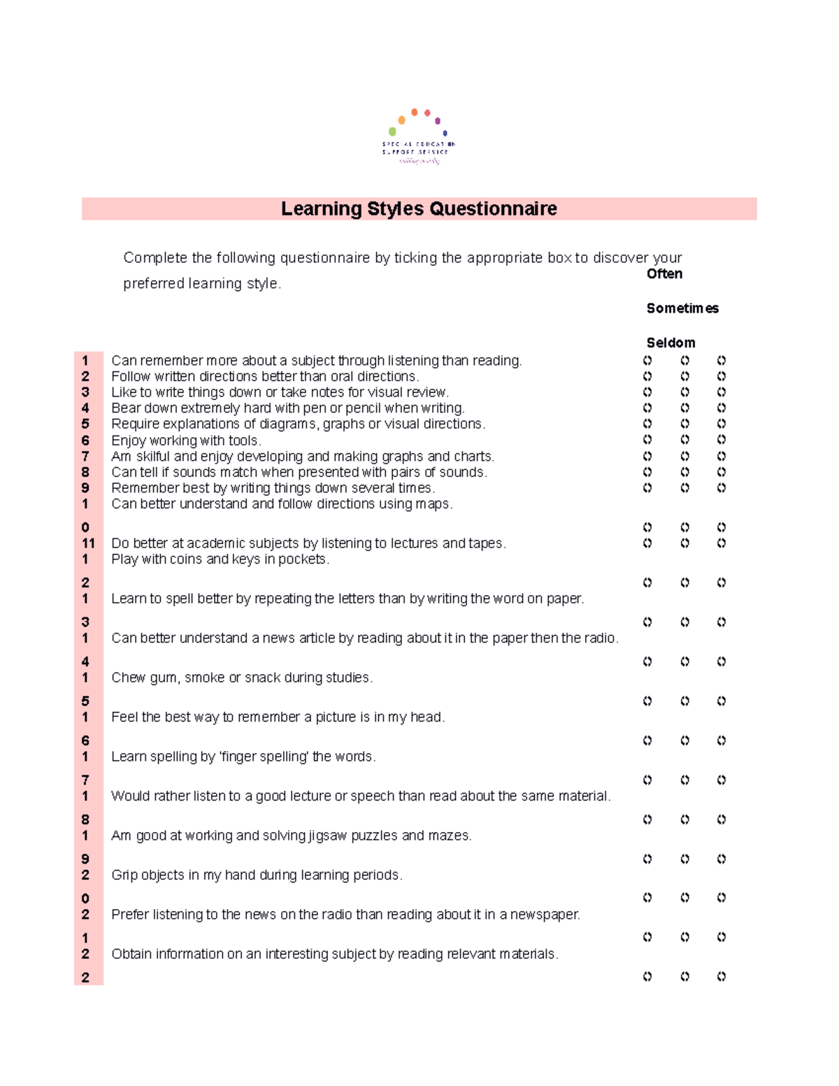 Learning Styles Questionnaire - Learning Styles Questionnaire Complete ...