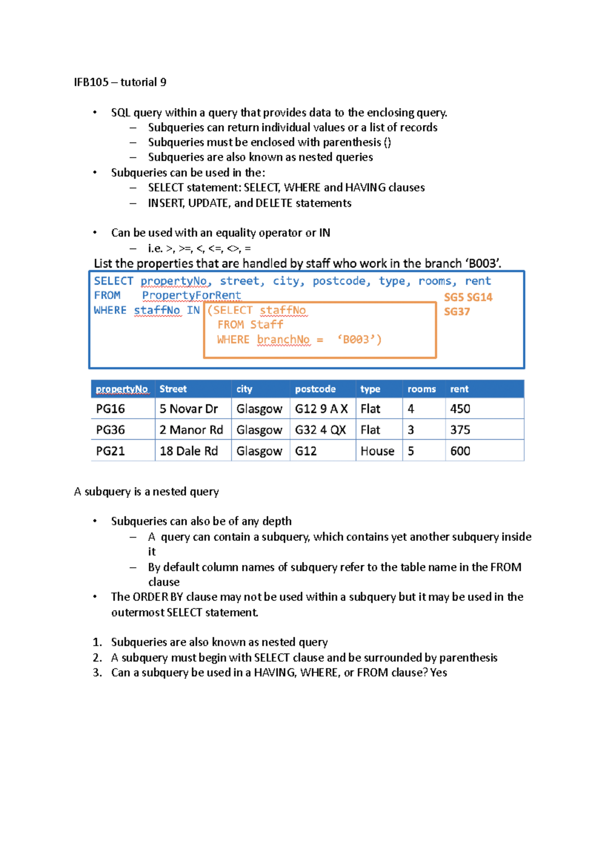 IFB105 - tutorial - detailed tut - IFB105 – tutorial 9 SQL query within a query that provides ...