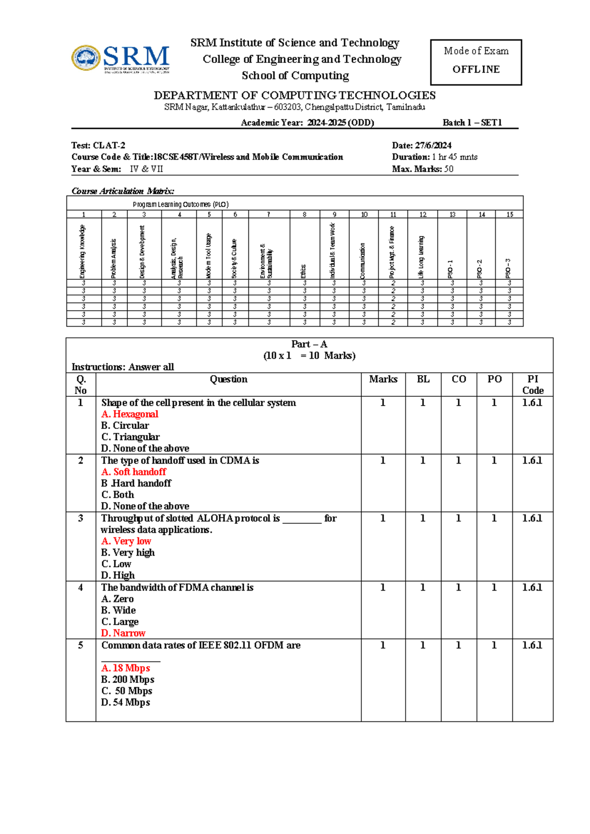 Ct2 Qp Vss Ans Key Asdasd Srm Institute Of Science And Technology College Of Engineering