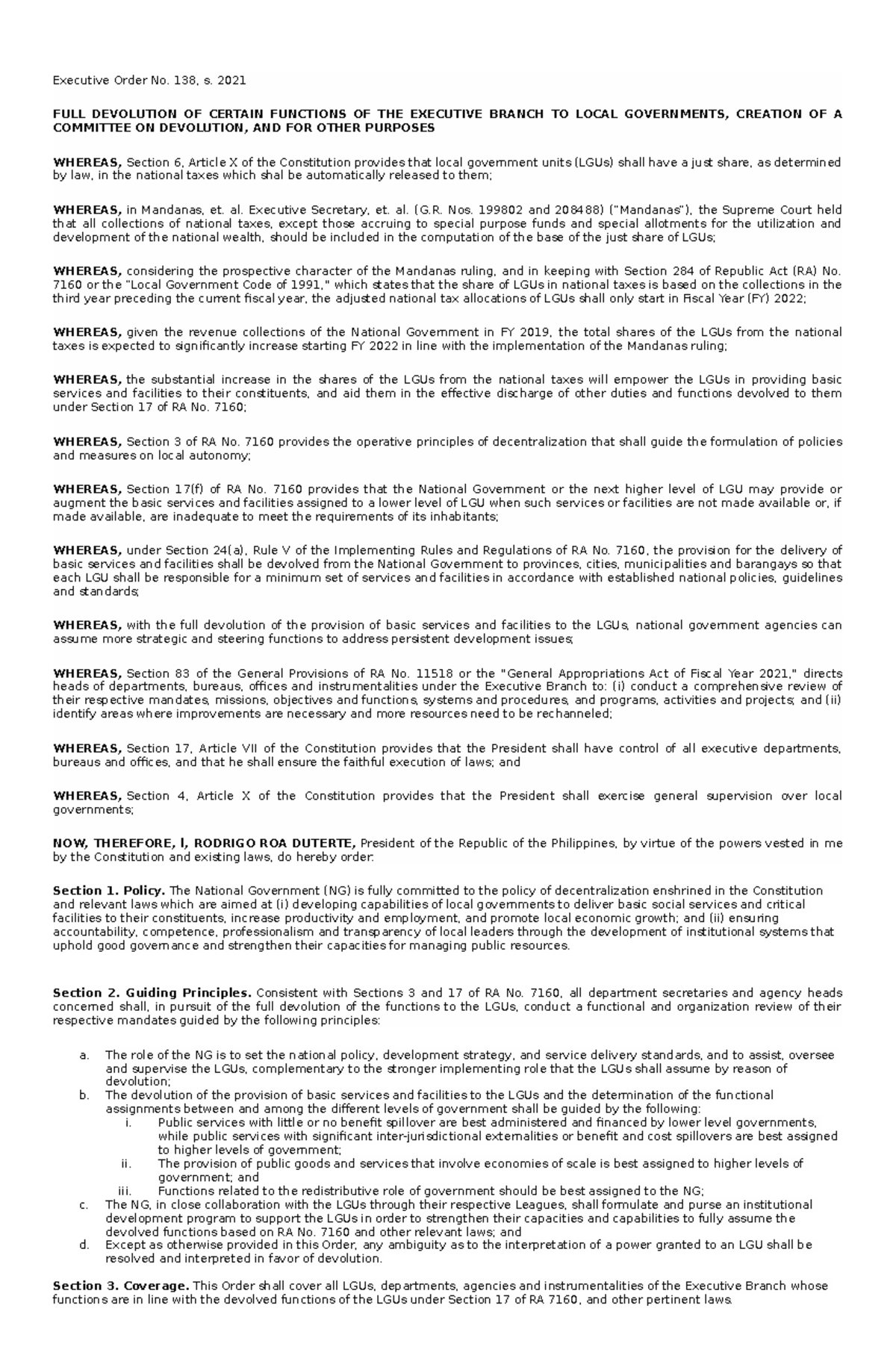 Mandanas Garcia Ruling - Executive Order No. 138, s. 2021 FULL ...