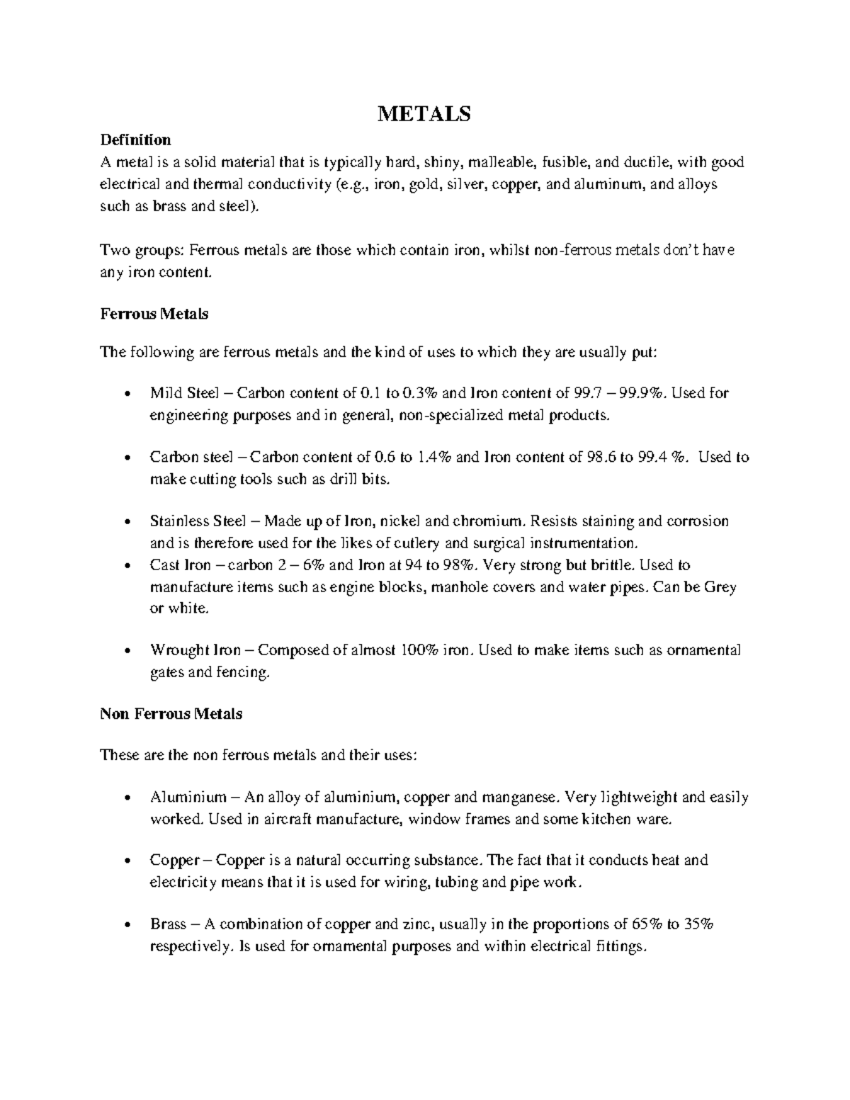 4.0 Metals - Notes for Engineering Materials - METALS Definition A ...