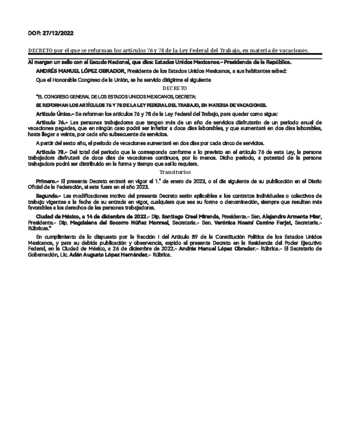 DOF - Diario Oficial de la Federación Ley Federal de trabajo artículo ...