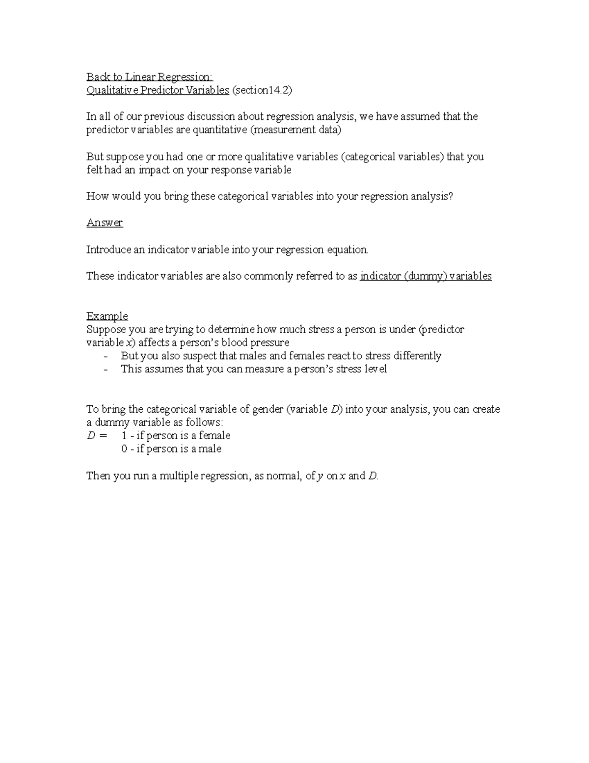 Stats 2035 Chapter 14 - Back to Linear Regression: Qualitative Predictor Variables (section14 ...