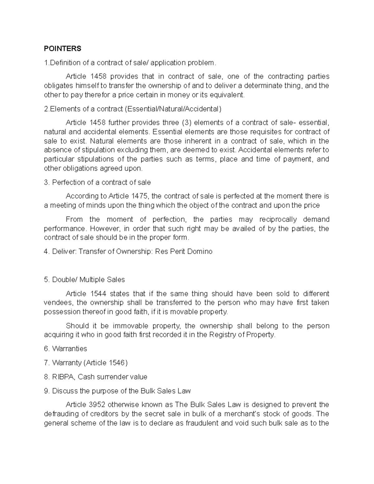 Pointers Business Law - POINTERS 1 of a contract of sale/ application problem. Article 1458 ...