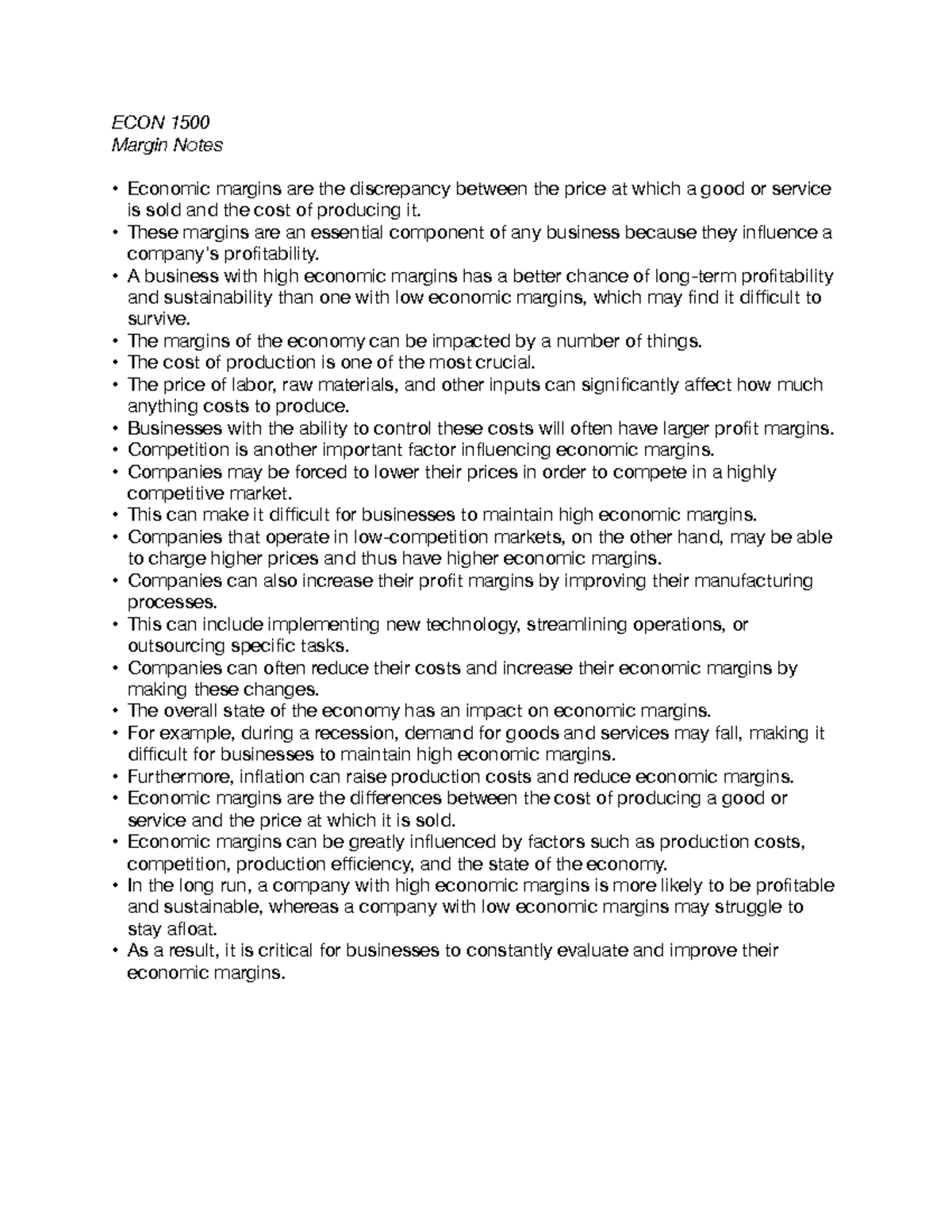 ECON 1500 Margin Notes - ECON 1500 Margin Notes Economic margins are ...