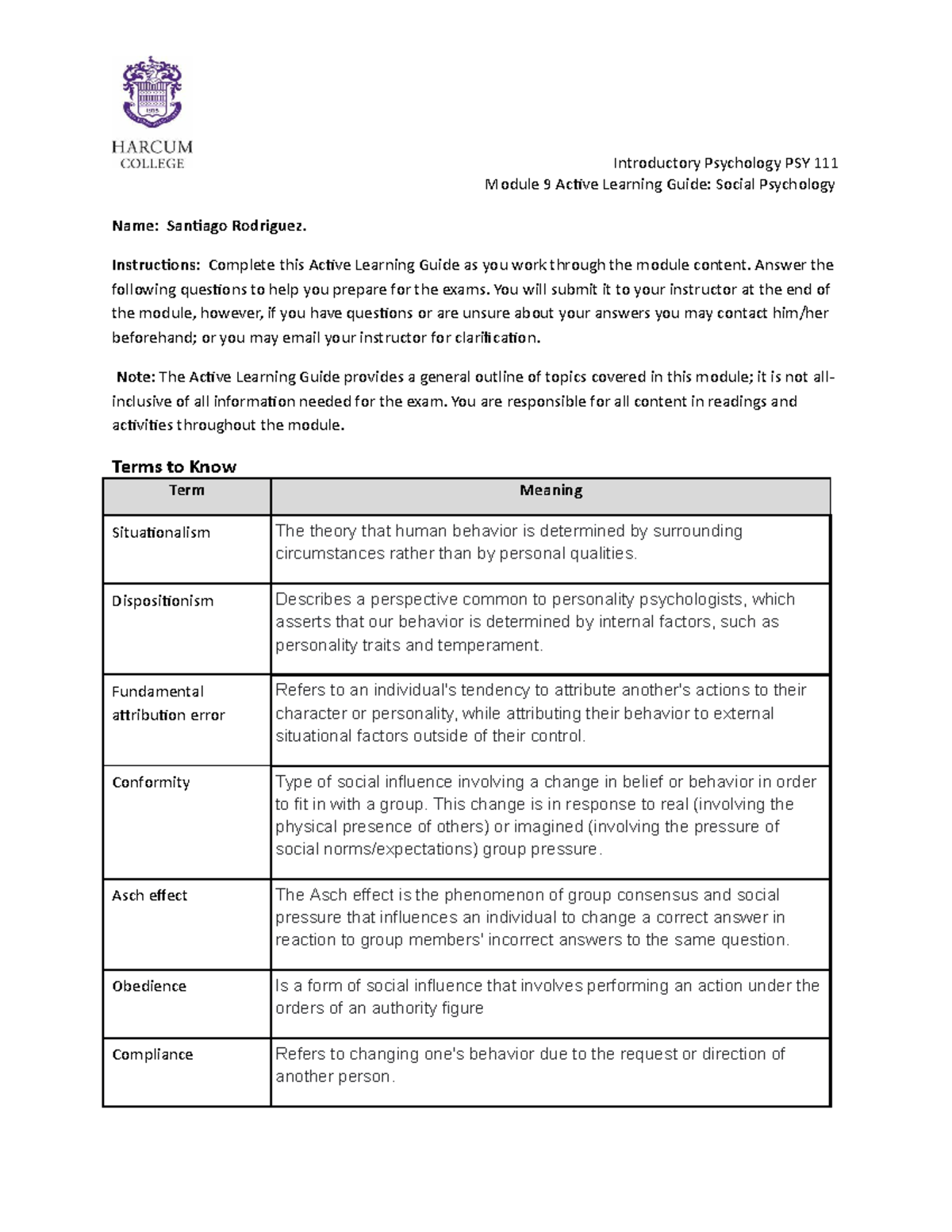 Social Psychology II Active Learning Guide- Santiago Rodriguez - Module 9 Active Learning Guide ...