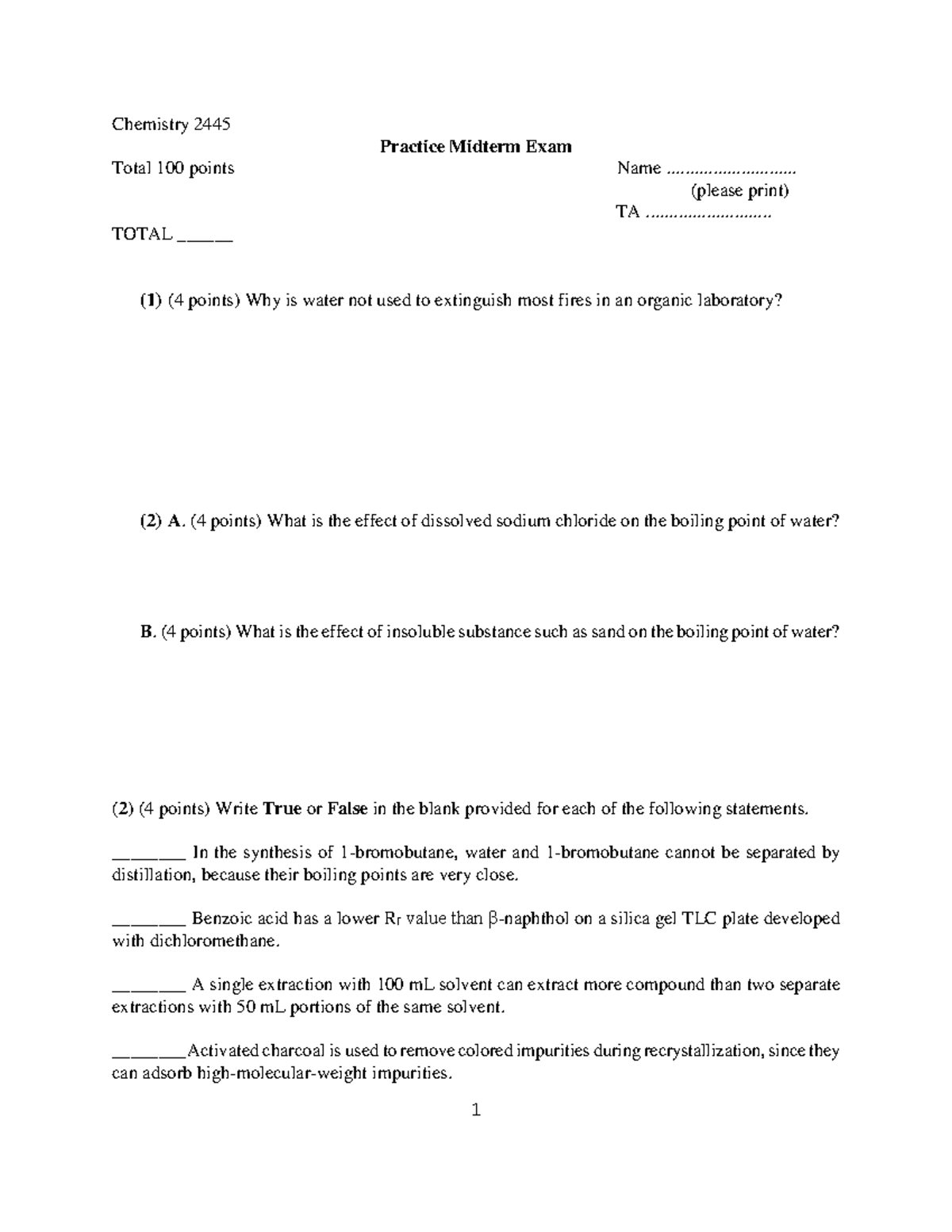 2445-Practice Midterm-2024 - Chemistry 24 45 Practice Midterm Exam Total 100 points Name - Studocu