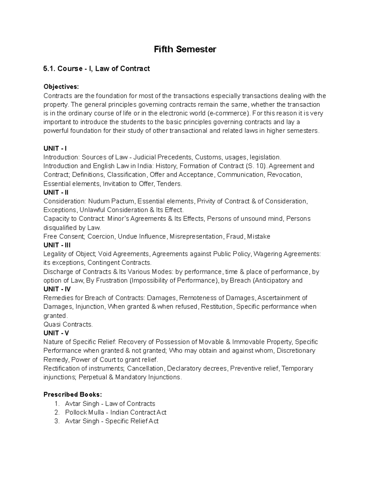 Sem 5 Syllabus - Fifth Semester 5. Course - I, Law of Contract ...