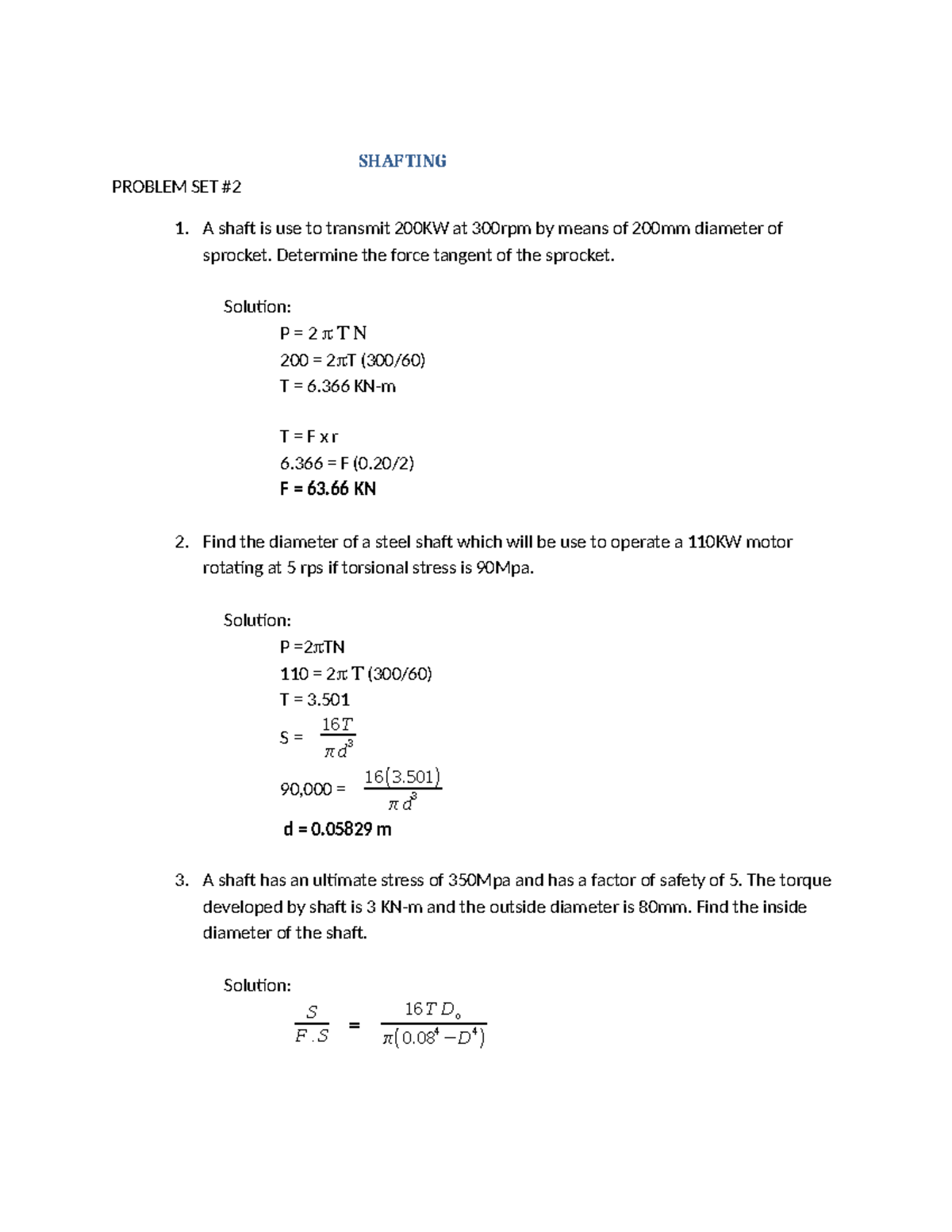Machine Design Prob sets Plates - SHAFTING PROBLEM SET # A shaft is use ...