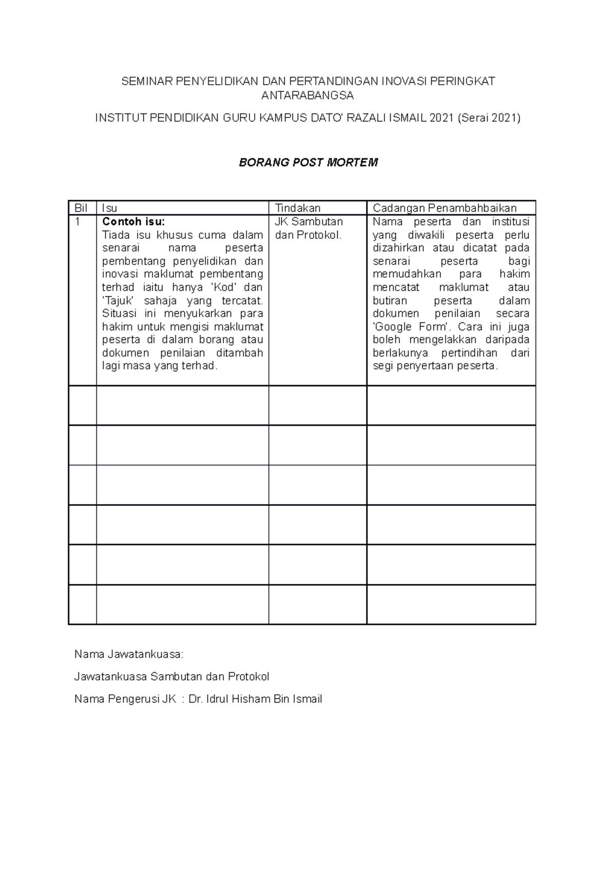 Borang Post Mortem AJK Sambutan dan Protokol - SEMINAR PENYELIDIKAN DAN ...
