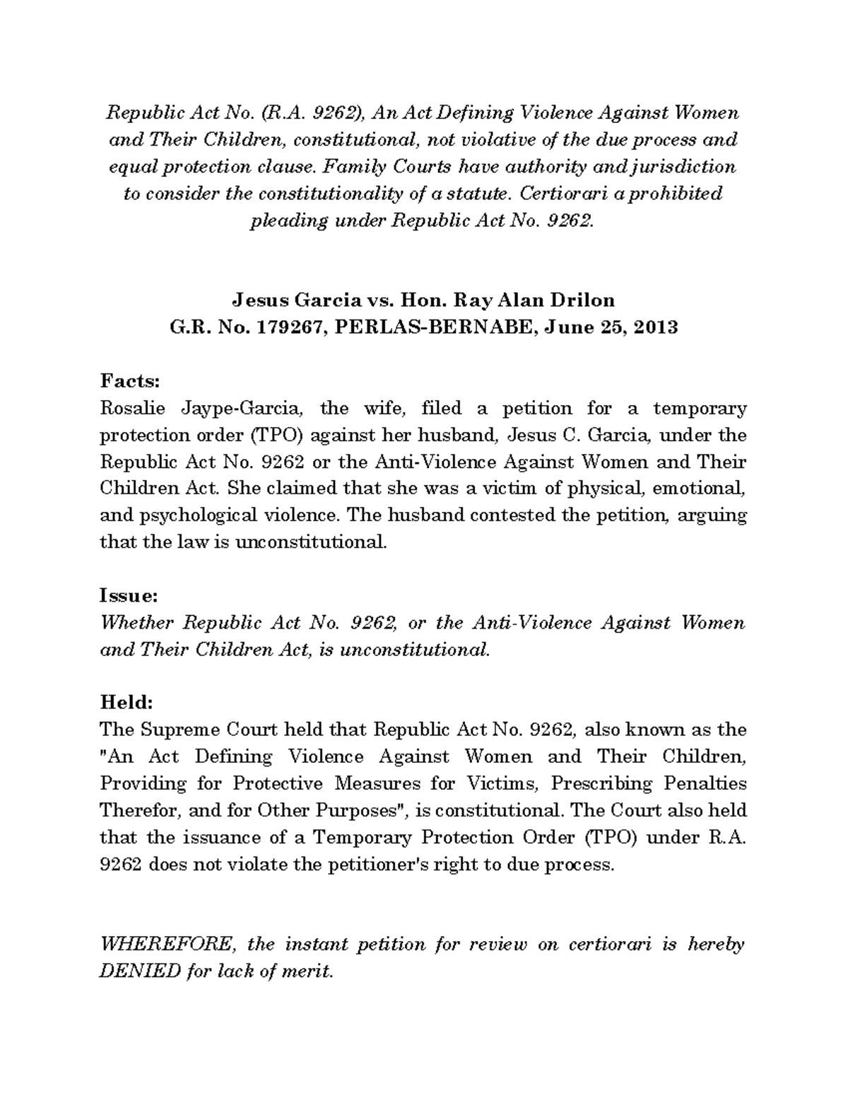 Garcia v. Drilon 2013 - case - Republic Act No. (R. 9262), An Act ...