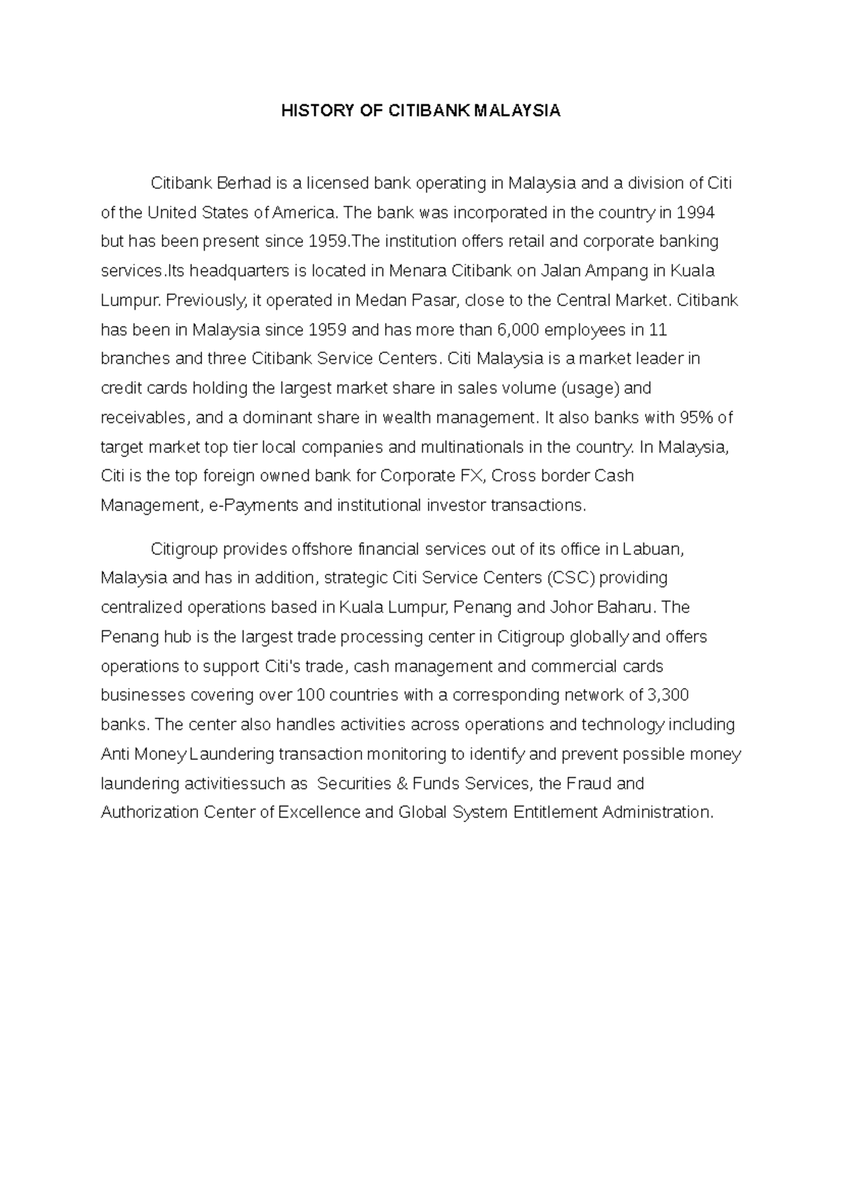 Citibank Malaysia - HISTORY OF CITIBANK MALAYSIA Citibank Berhad is a ...