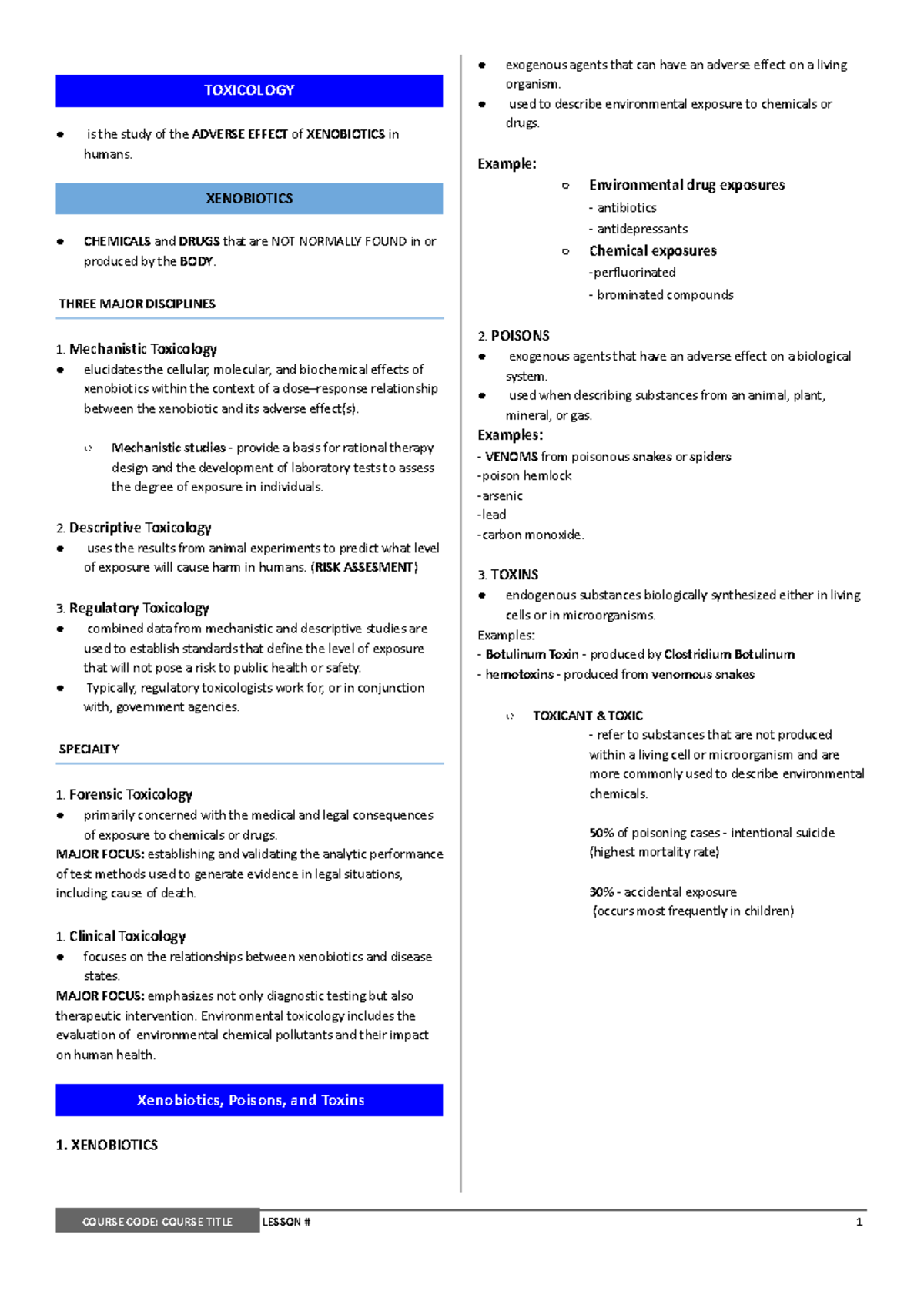 Cc lab - Cc lAb - TOXICOLOGY is the study of the ADVERSE EFFECT of ...