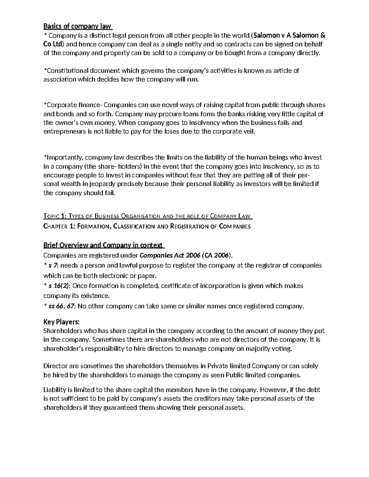 Company law notes - Basics of company law Company is a distinct legal ...