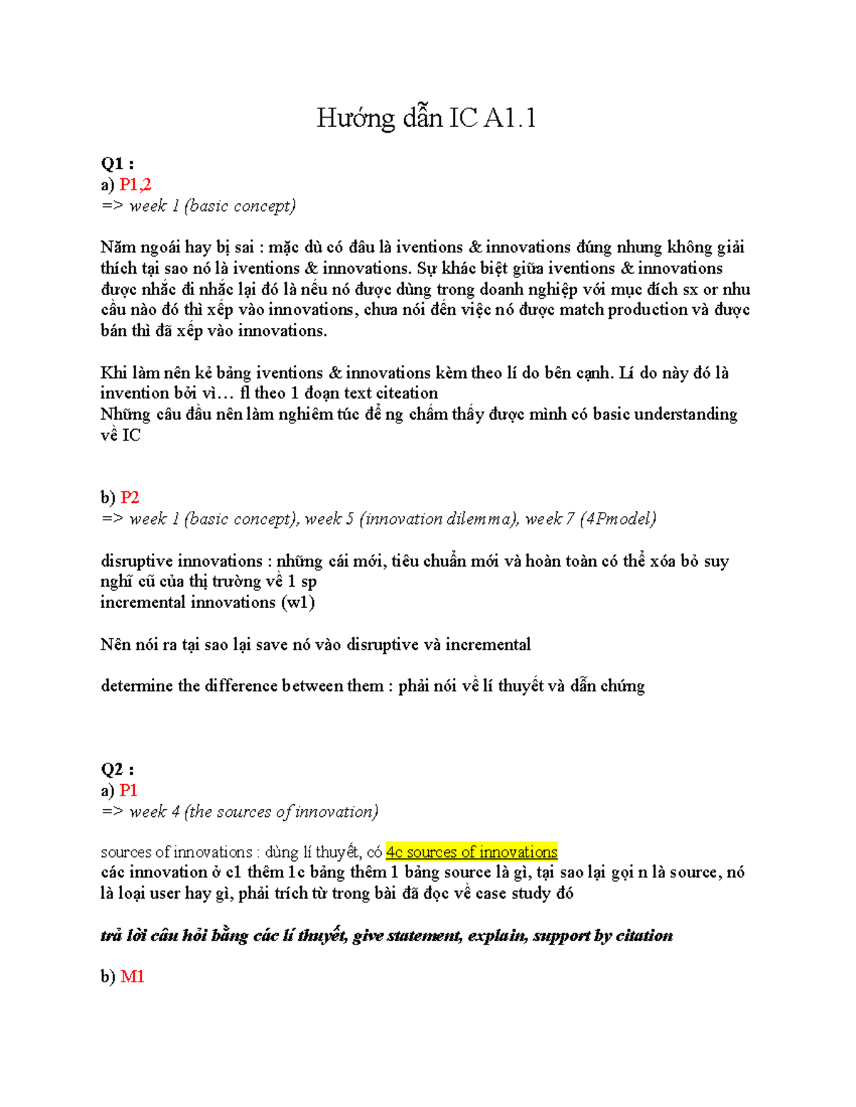 Hướng-dẫn-IC A1 - Hướng dẫn IC A1. Q1 : a) P1, => week 1 (basic concept) Năm ngoái hay bị sai ...