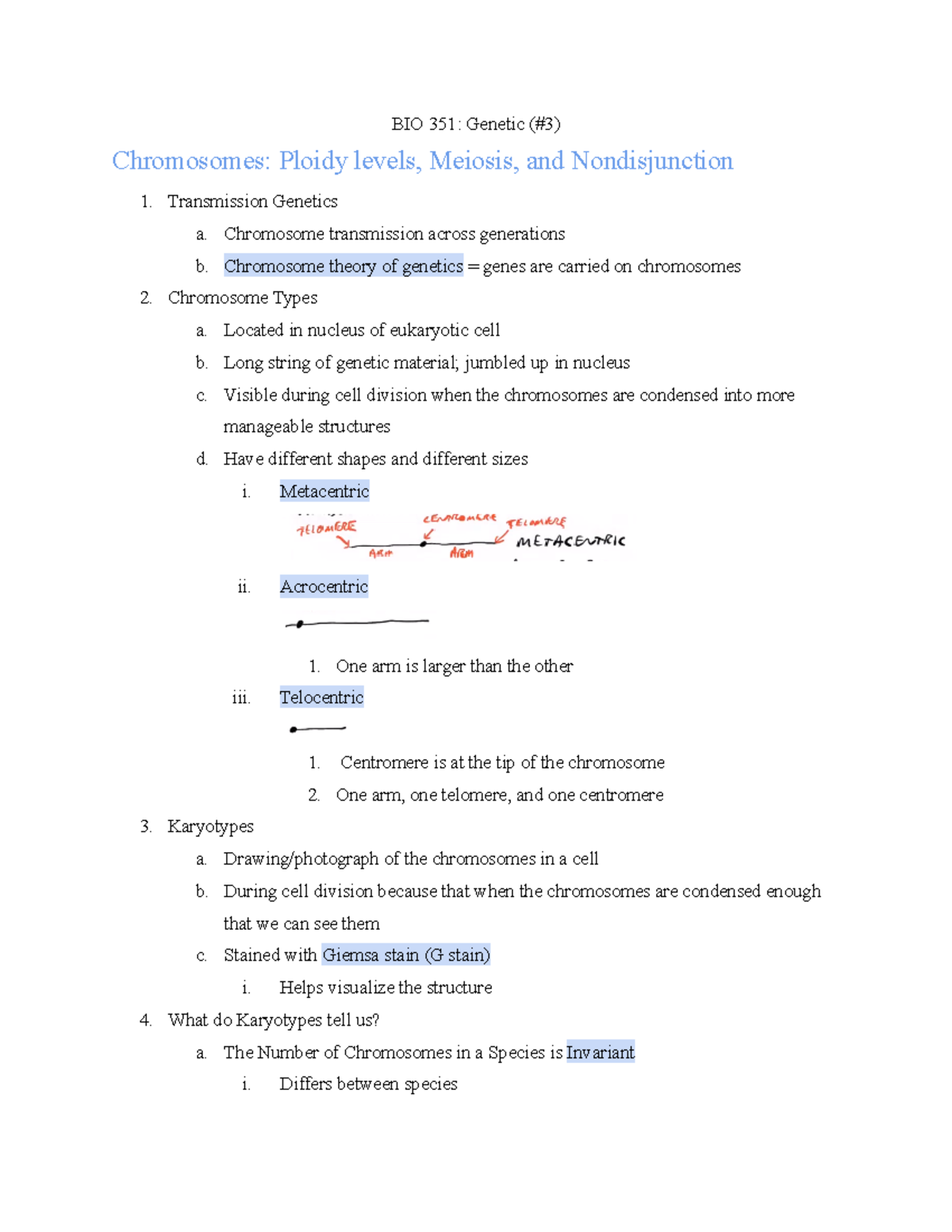 BIO 351 Genetic Notes (#3) - BIO 351: Genetic (#3) Chromosomes: Ploidy ...