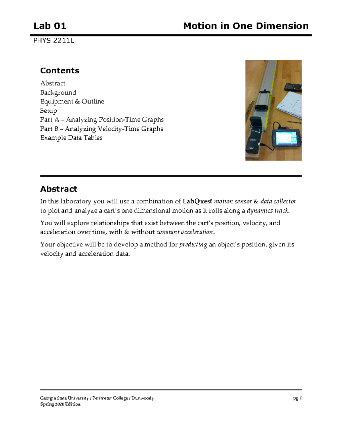 Lab 01 Motion in 1D - lab instructions - PHYS 2211L Georgia State ...