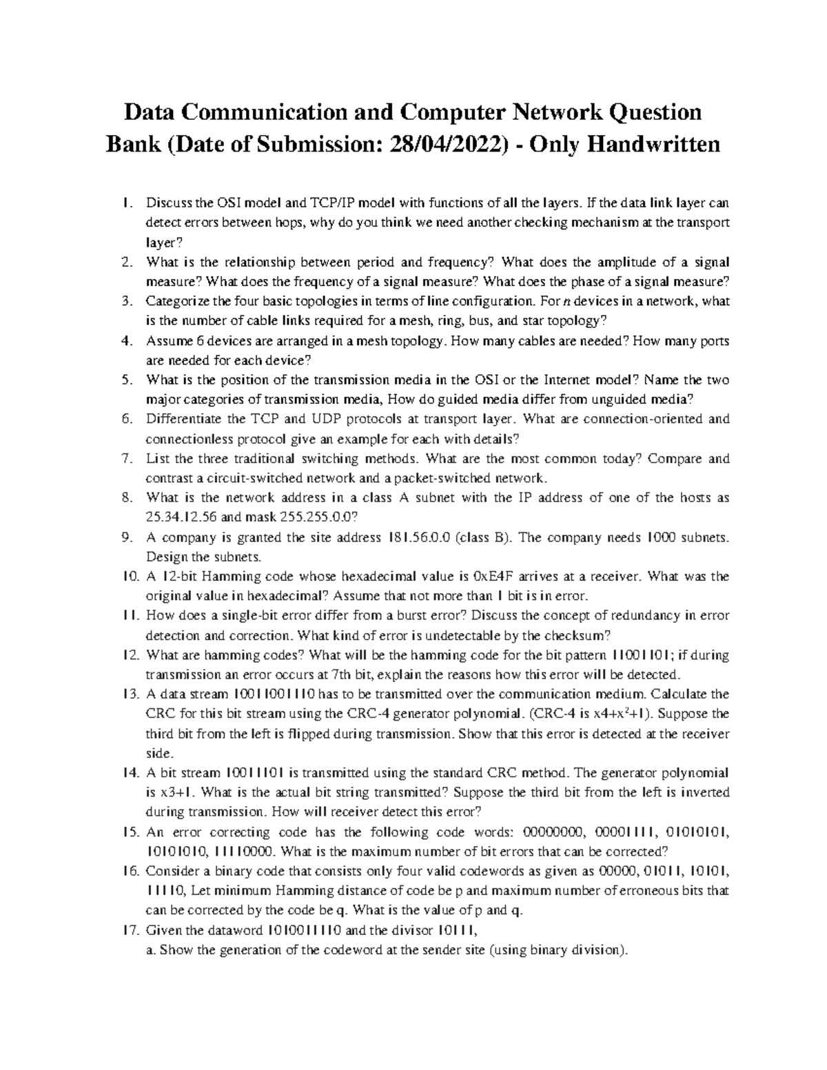 Data Communication and Computer Network Question Bank Assignment - Data Communication and ...