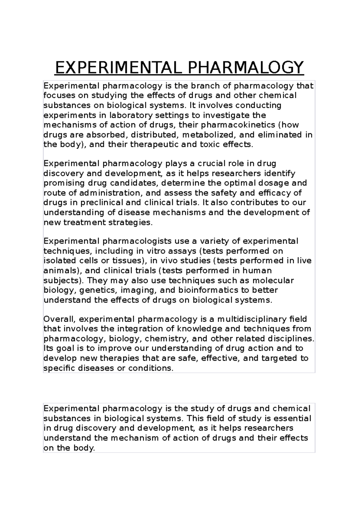 Experimental Pharmcology - EXPERIMENTAL PHARMALOGY Experimental ...