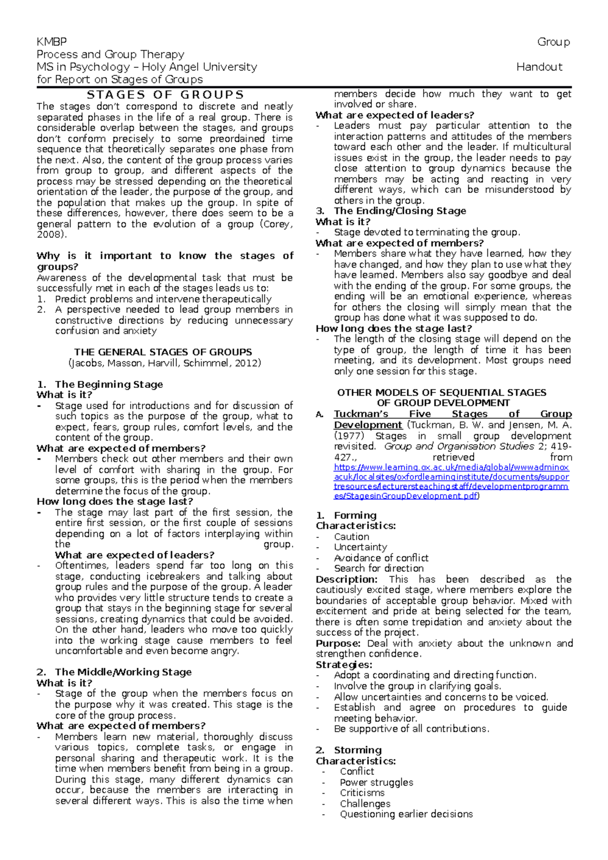 Handout - Stages of Groups - Process and Group Therapy MS in Psychology ...