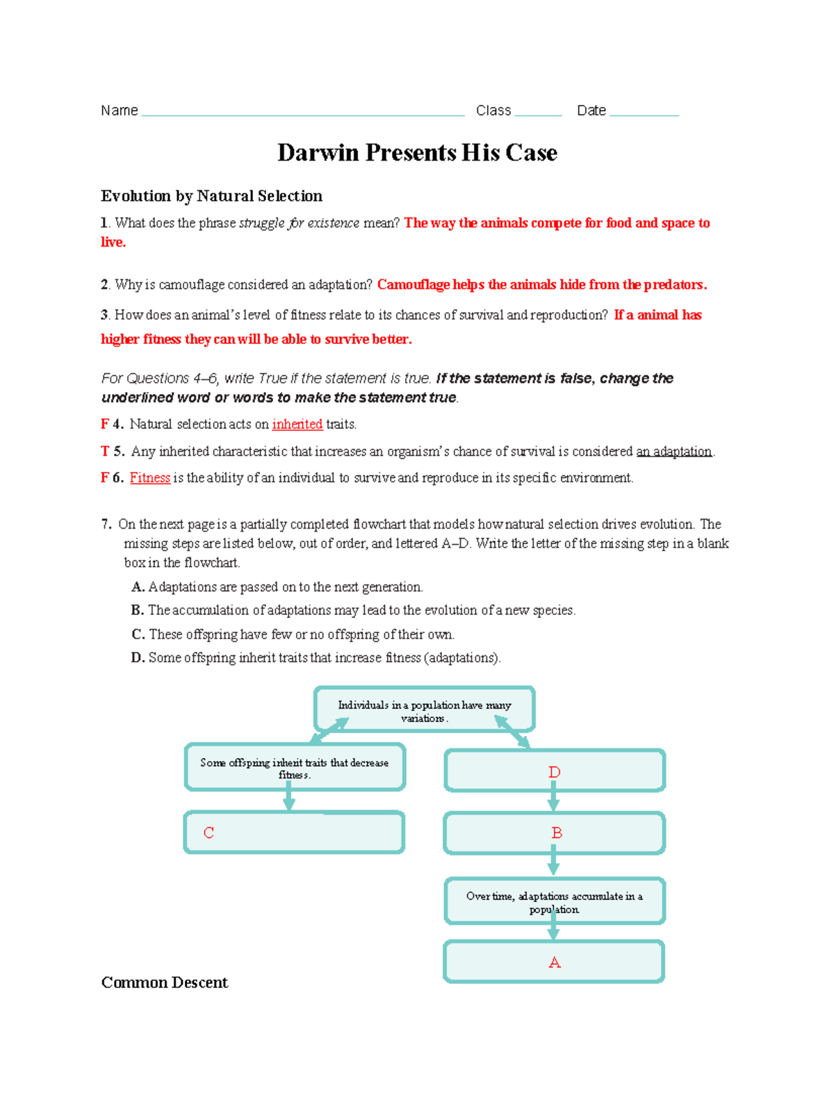Darwin Presents His Case - Name Class Date Darwin Presents His Case ...