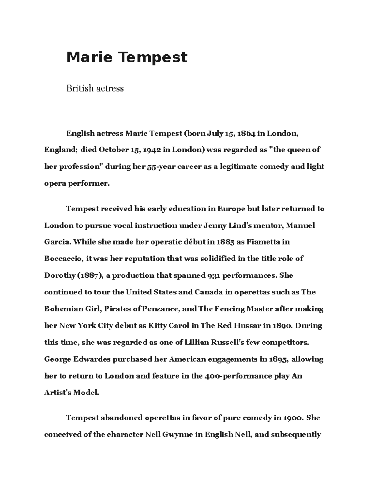 Marie Tempest - NOTES - Marie Tempest British actress English actress ...