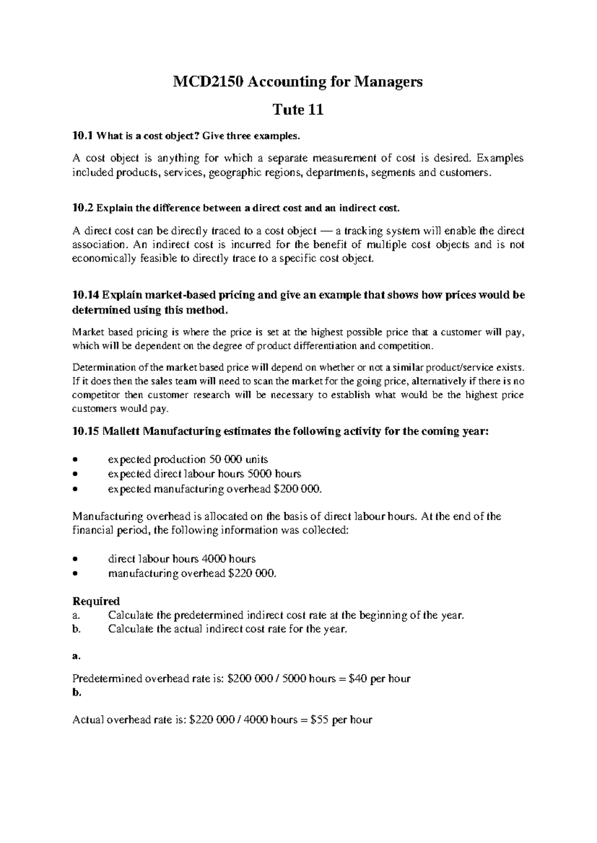 Tute 12 suggested solution - MCD2150 Accounting for Managers Tute 11 10 ...