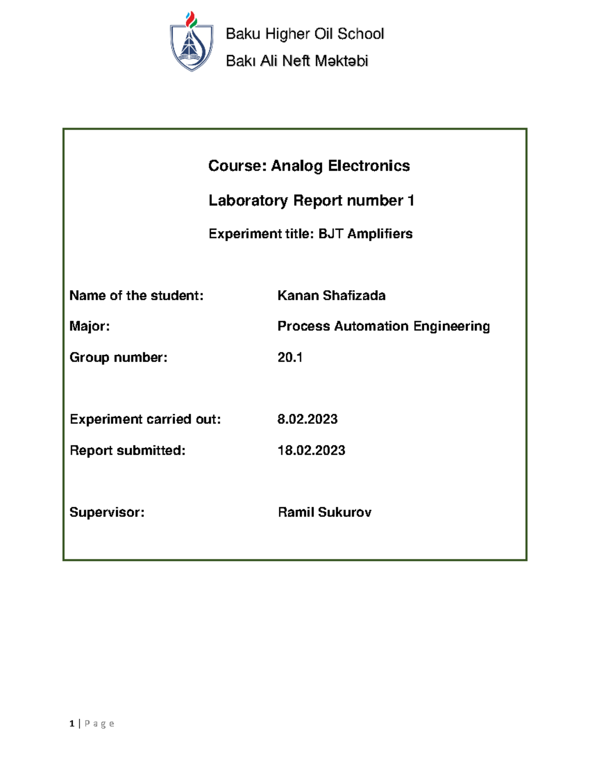 Kanan Shafizada Lab1 - This Laboratory report is all about BJT ...