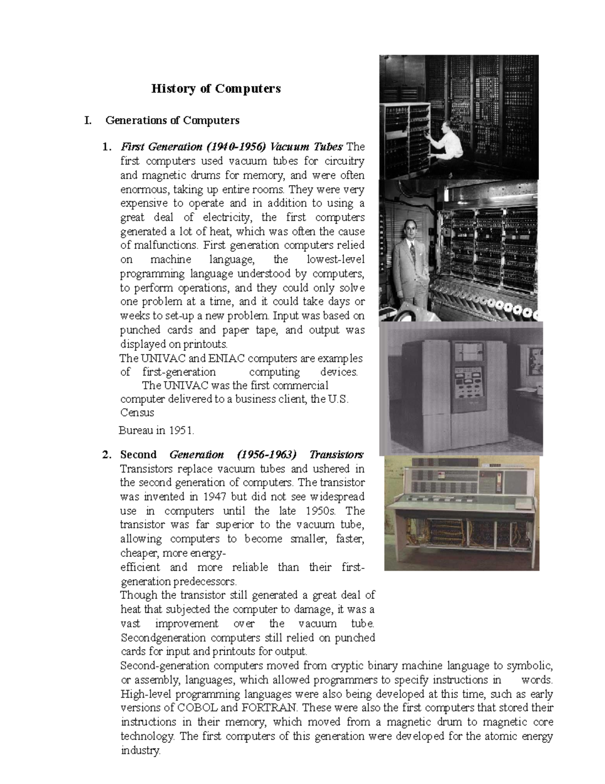 Handout 2 - History of Computers - History of Computers I. Generations ...