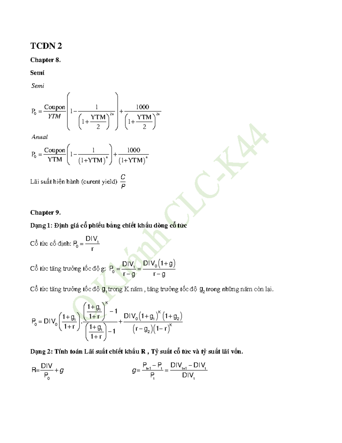 Công Thức + Lý Thuyết TCDN 2 - TCDN 2 Chapter 8. Semi ( ) ( ) 0 2n 2n 0 n n P Coupon 1 1 1 YTM 1 ...