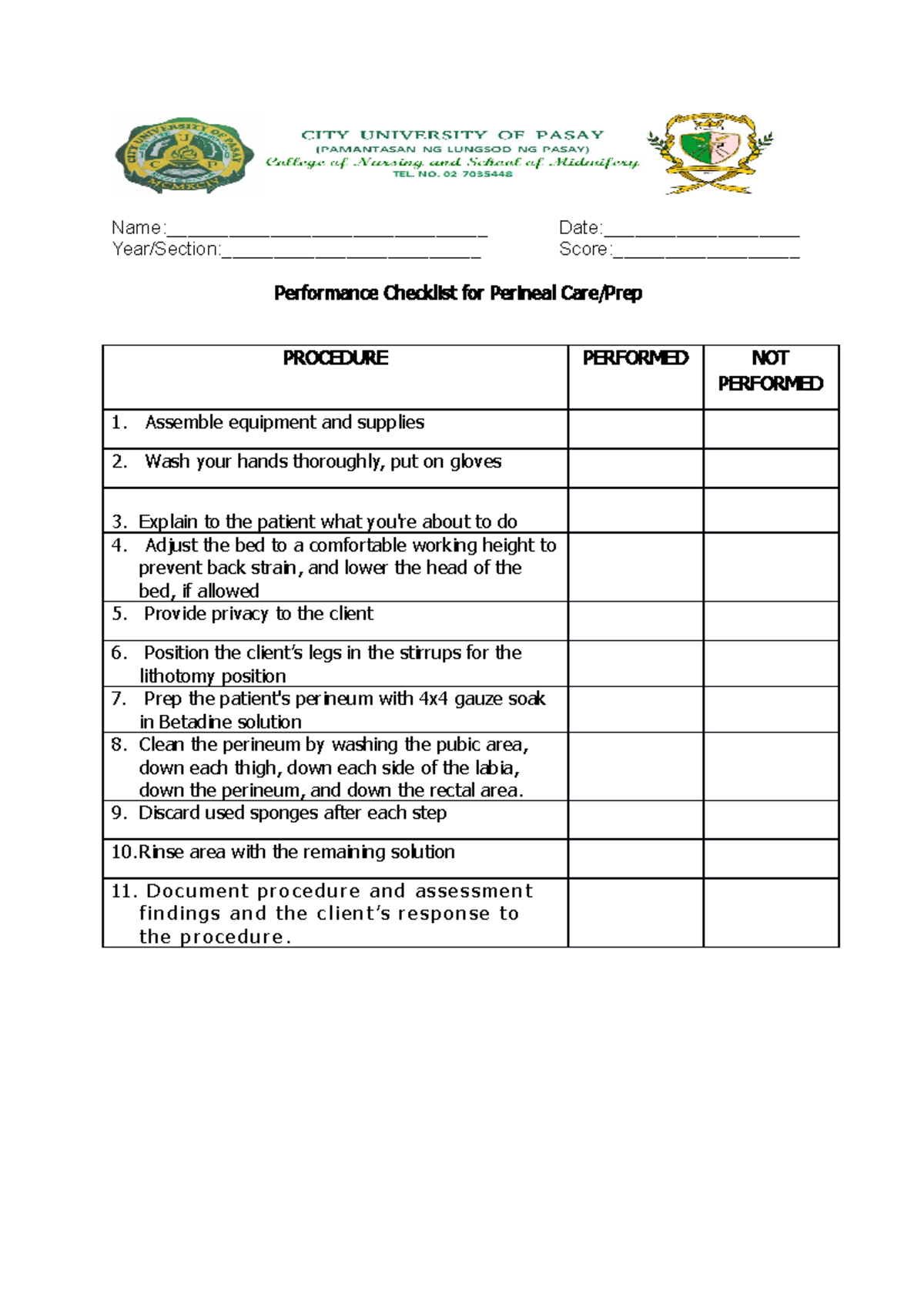 Perineal PREP - PERFORMANCE CHECKLIST - Name:_______________________________ - Studocu