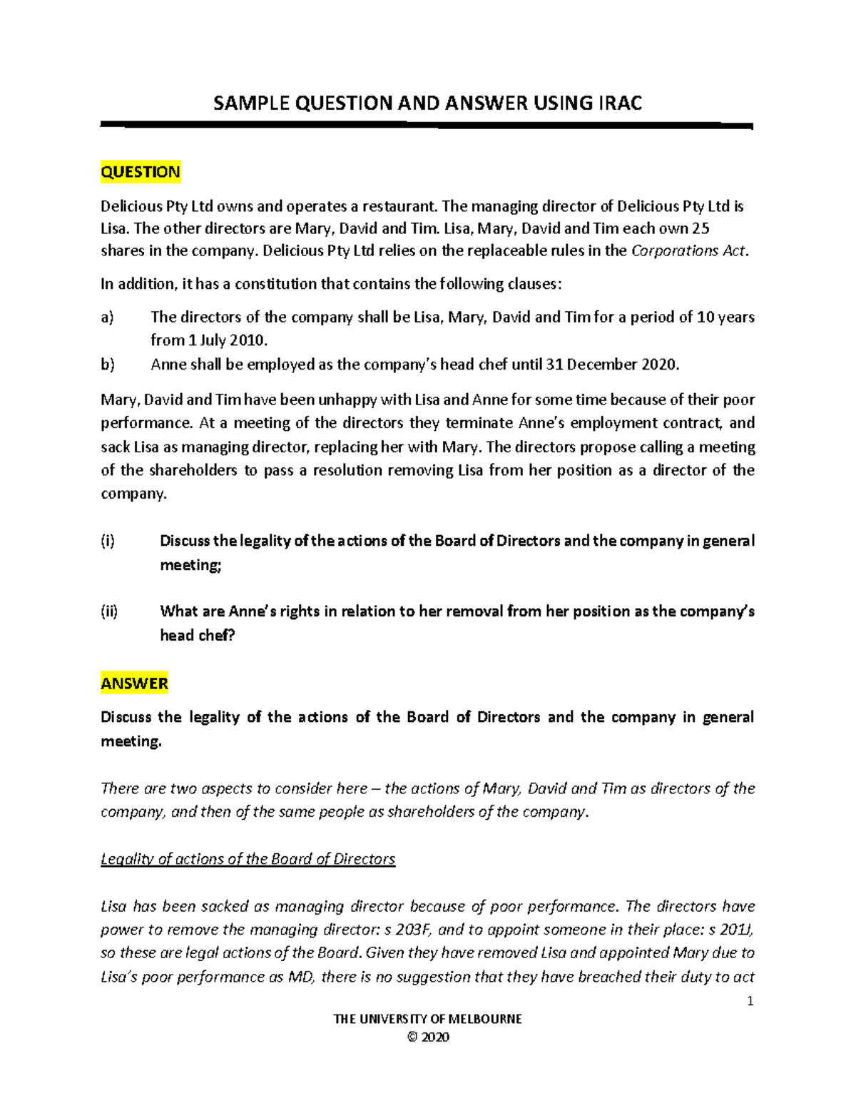 Sample - Question and Answer - 1 THE UNIVERSITY OF MELBOURNE © 2020 ...