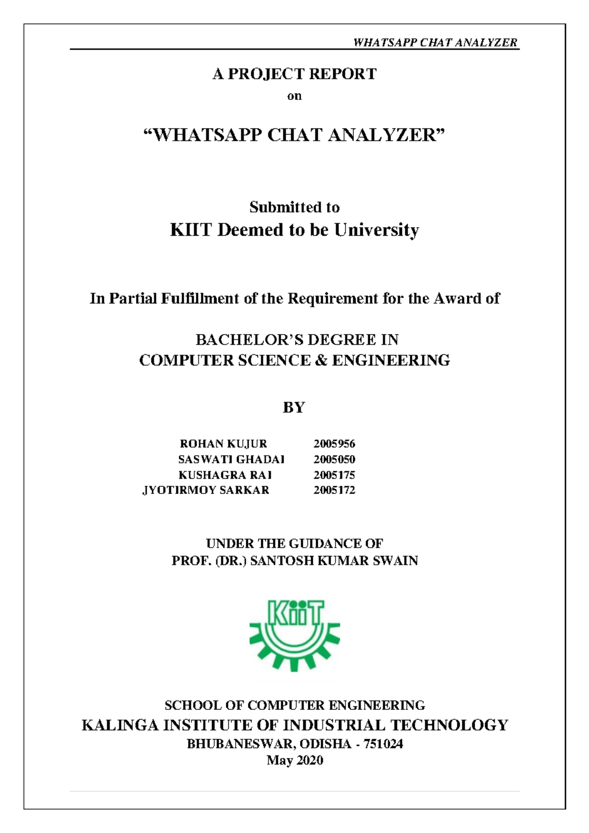 Major Projectreport - aajoilhiuholhuhl - A PROJECT REPORT on “WHATSAPP ...