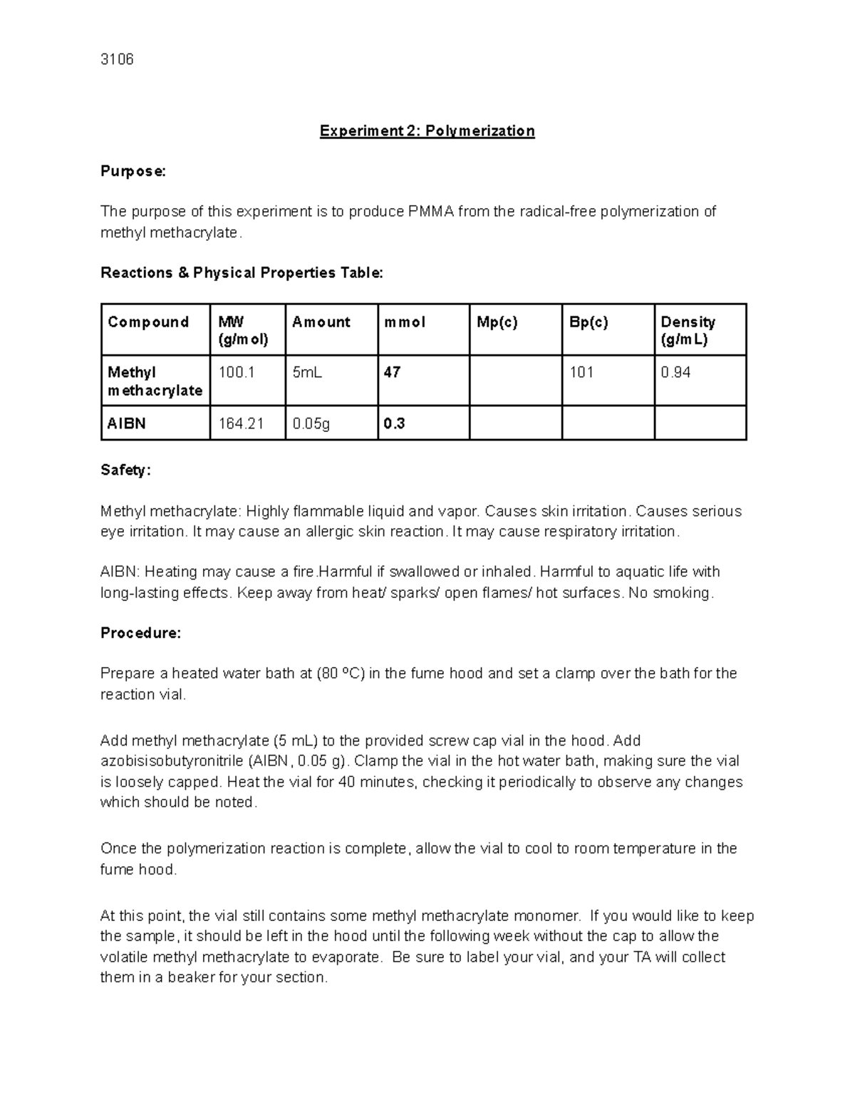 Organic Chemistry Experiments - 3106 Experiment 2: Polymerization ...