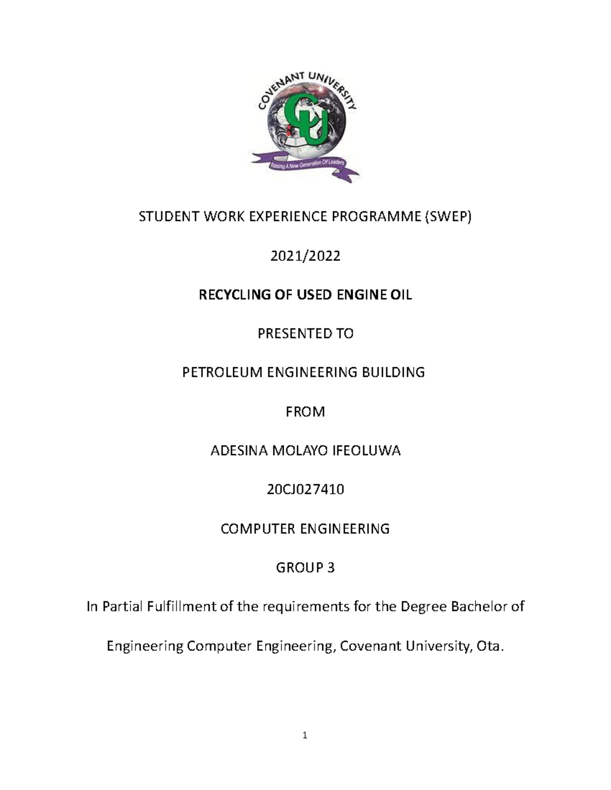 Molayo Report FOR SWEP - GEC229 - STUDENT WORK EXPERIENCE PROGRAMME ...