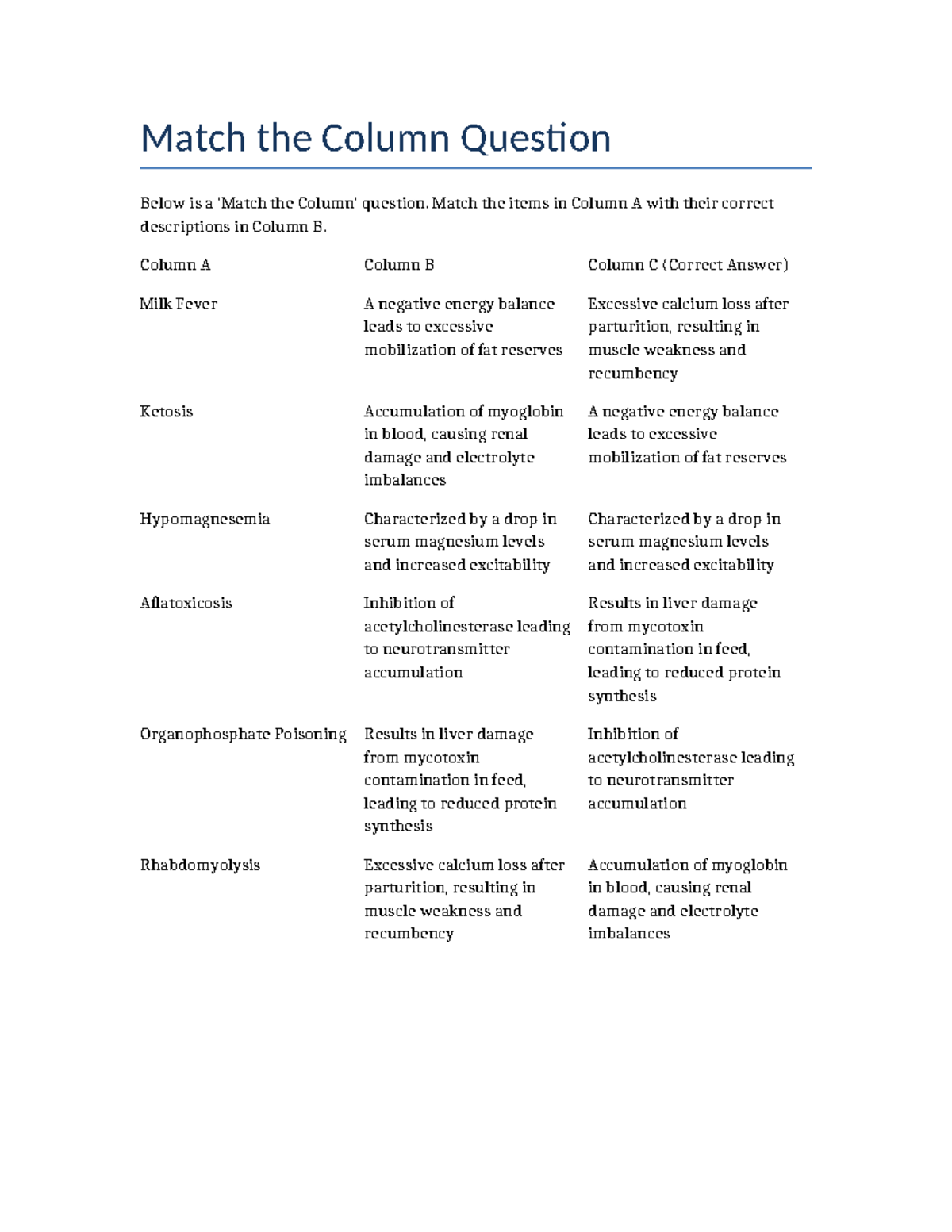 Match The Column Question - Match the Column Question Below is a 'Match ...