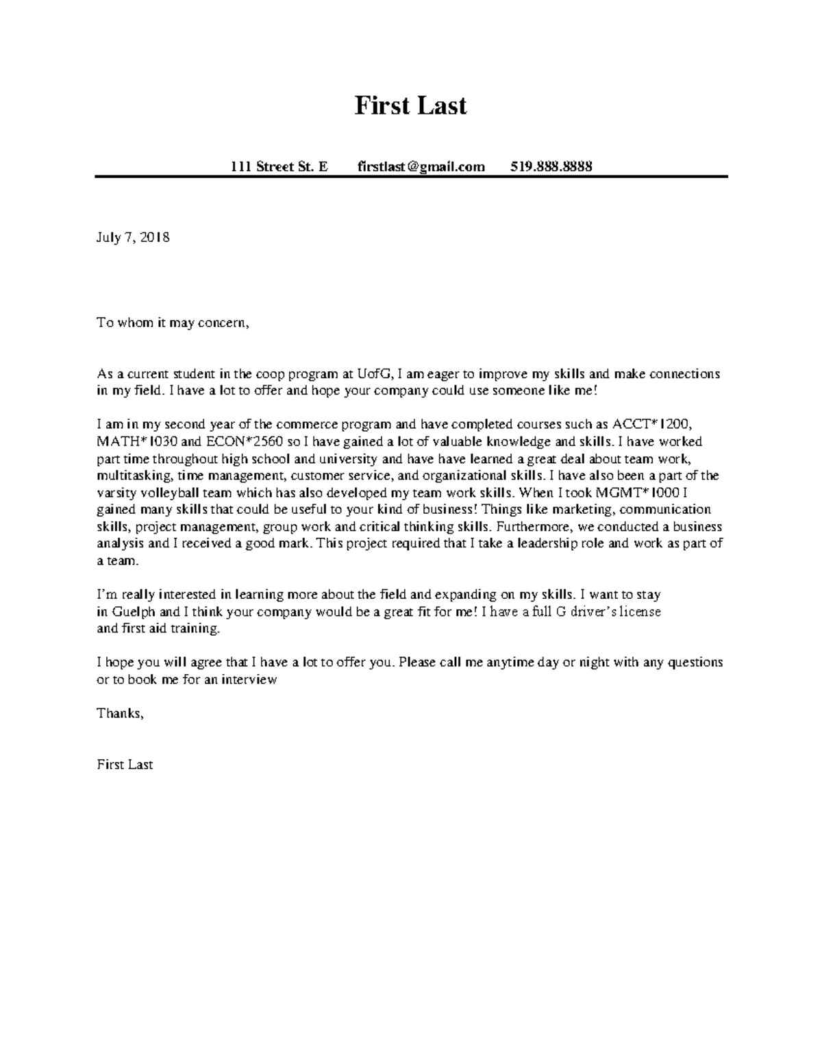 Bad Cover Letter Example - First Last 111 Street St. E firstlast@gmail ...